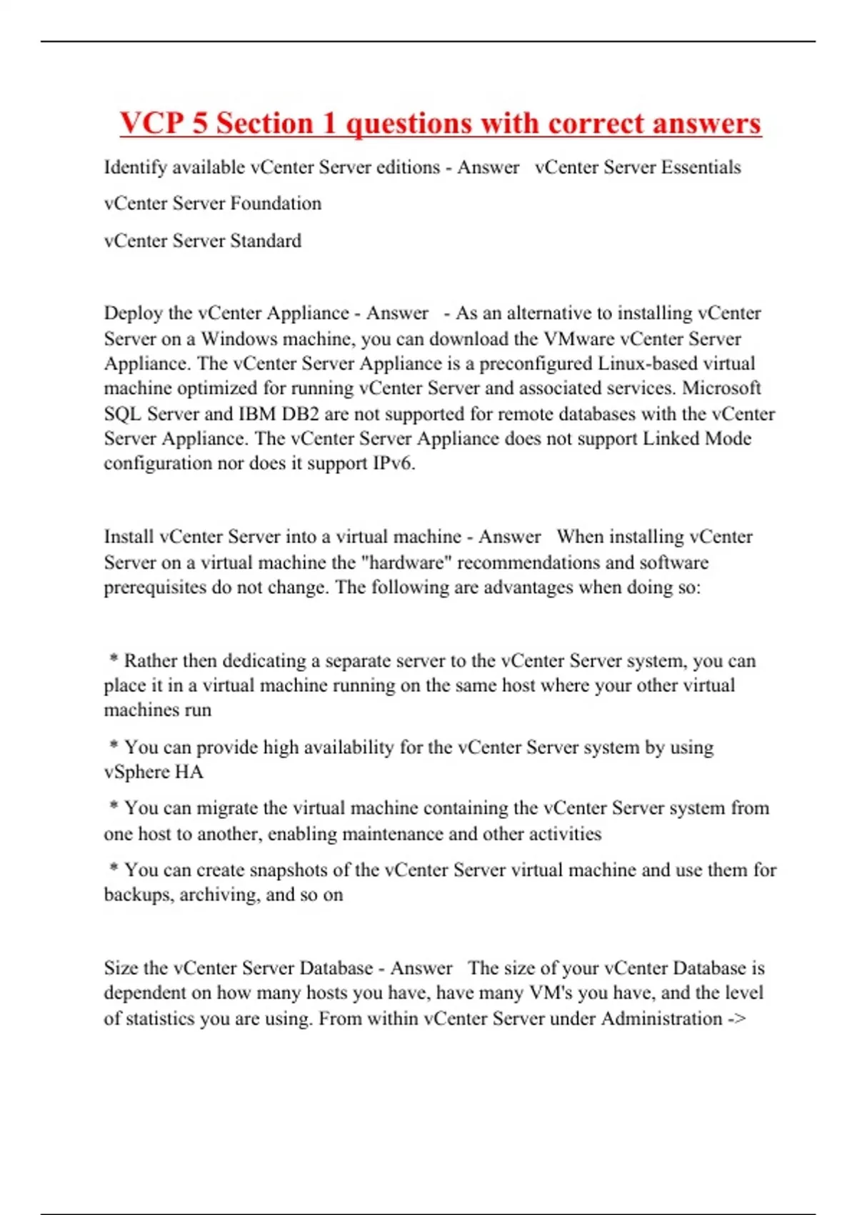 VCP 5 Section 1 questions with correct answers - VCP - VMware Certified ...