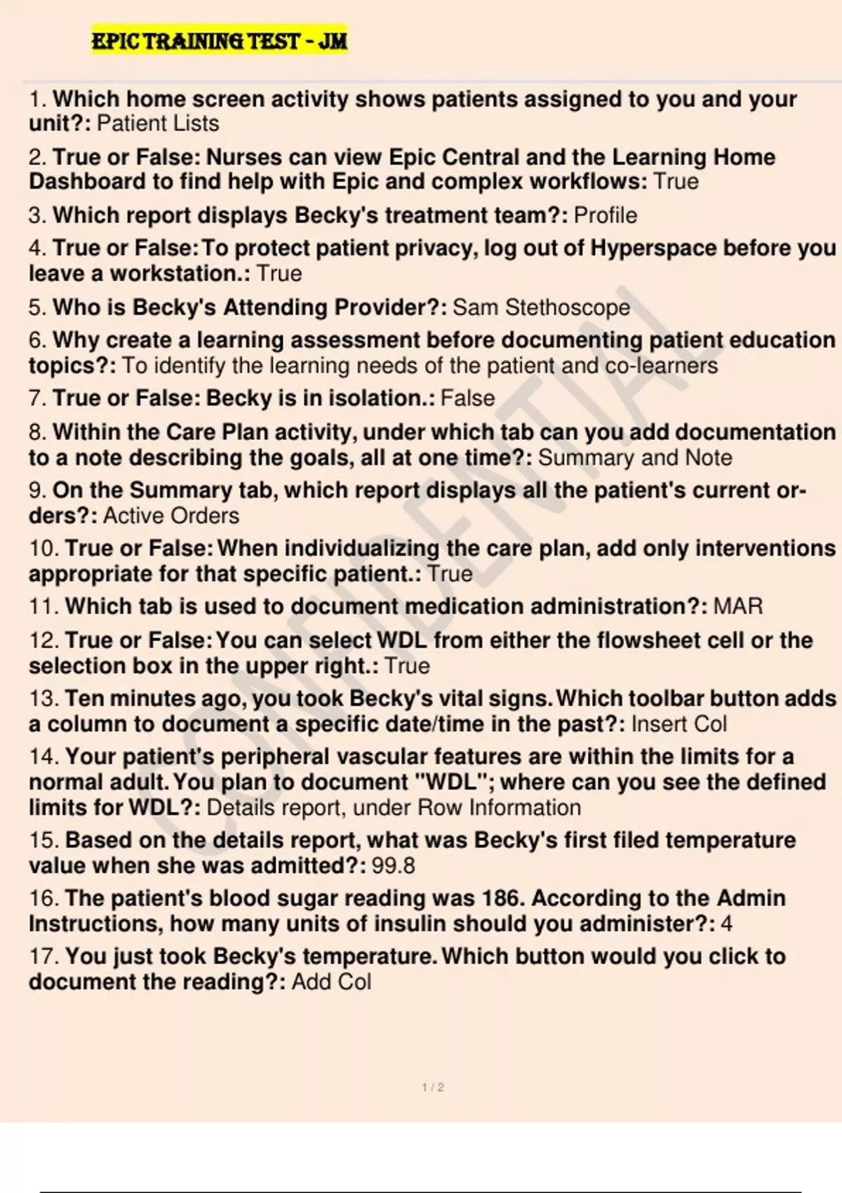 EPIC TRAINING TEST - JM Course EPIC JM Institution EPIC JM Which home ...