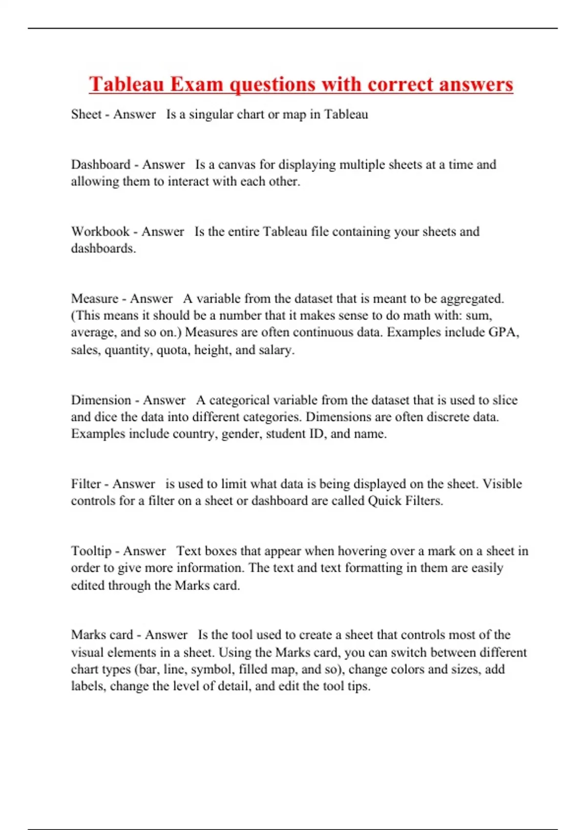 Tableau Exam questions with correct answers - Tableau - Stuvia US