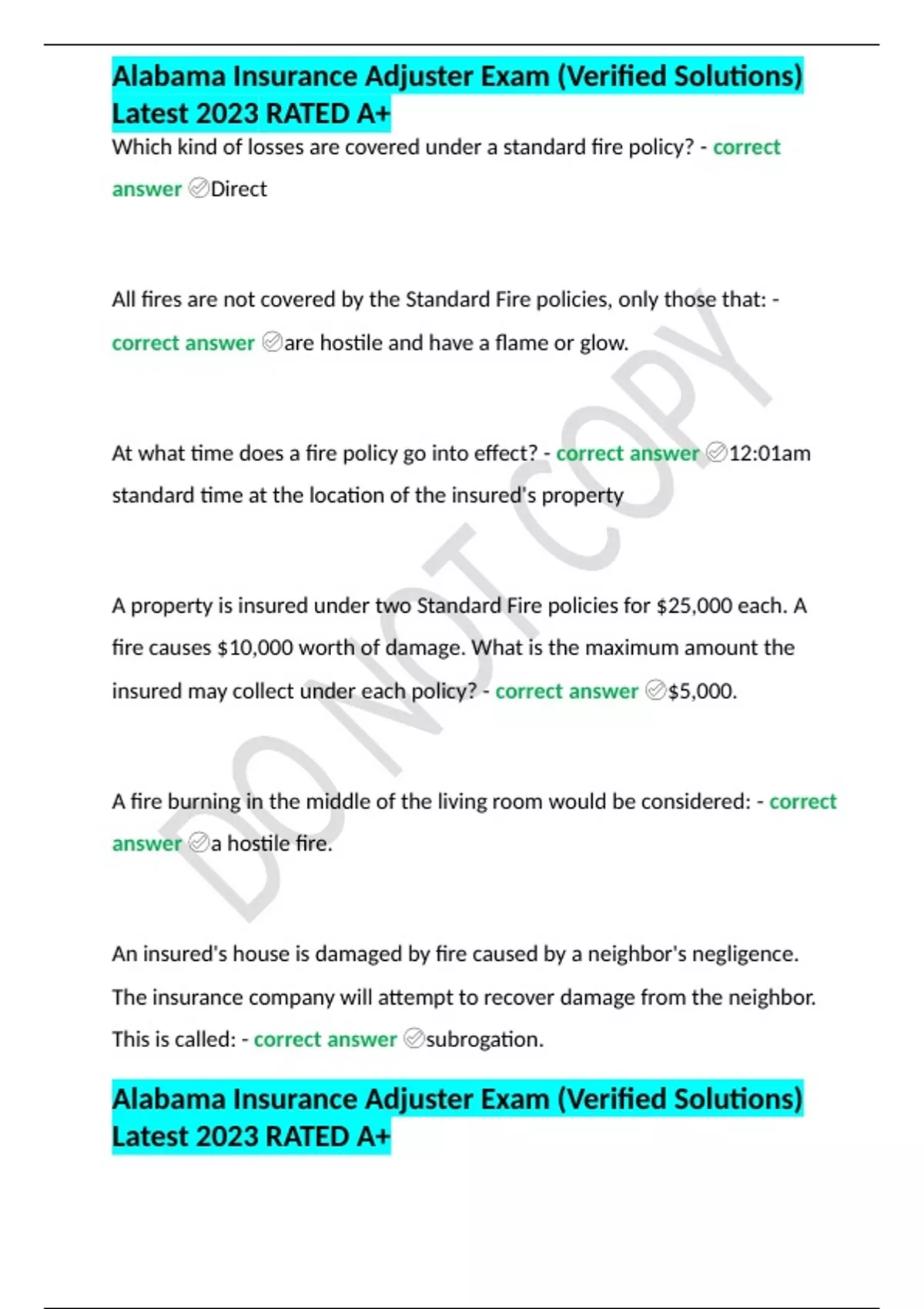 Alabama Insurance Adjuster Exam (Verified Solutions) Latest 2023 RATED ...