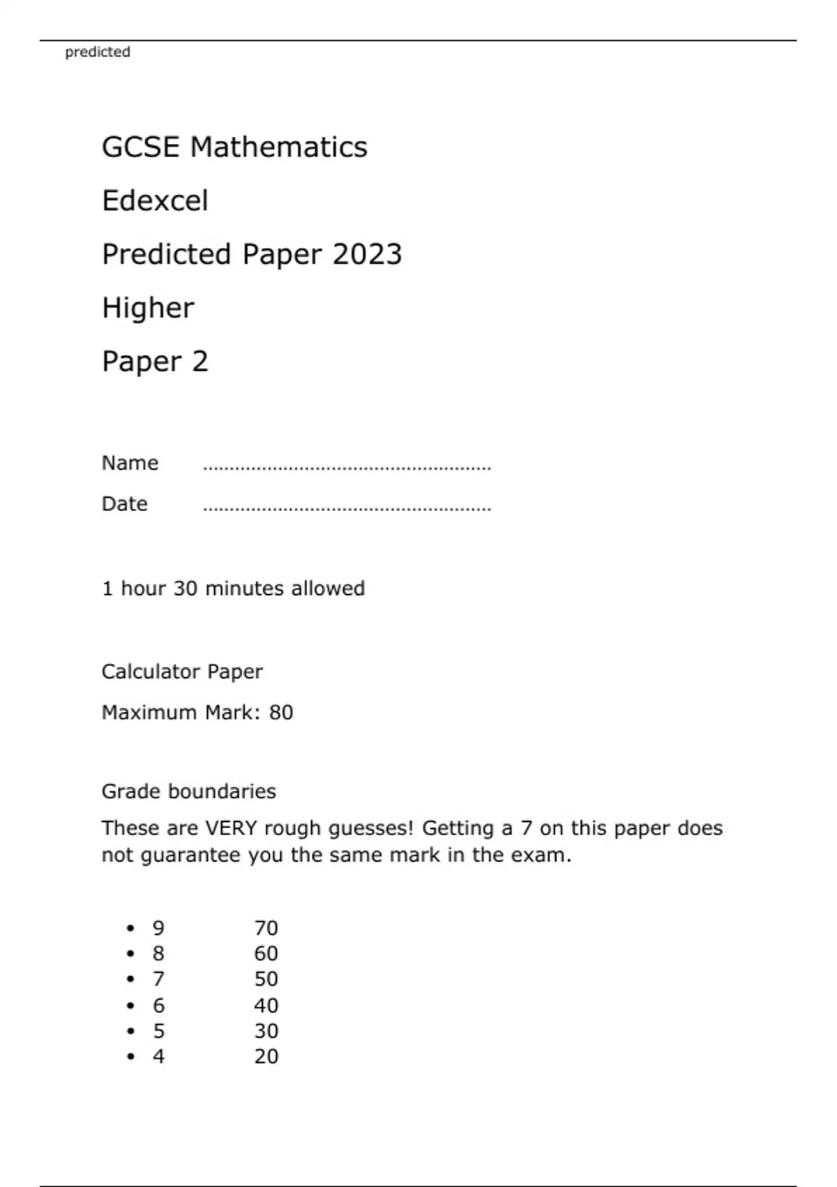 Edexcel GCSE Mathematics Predicted Paper 2023 Higher Paper 2 Questions ...