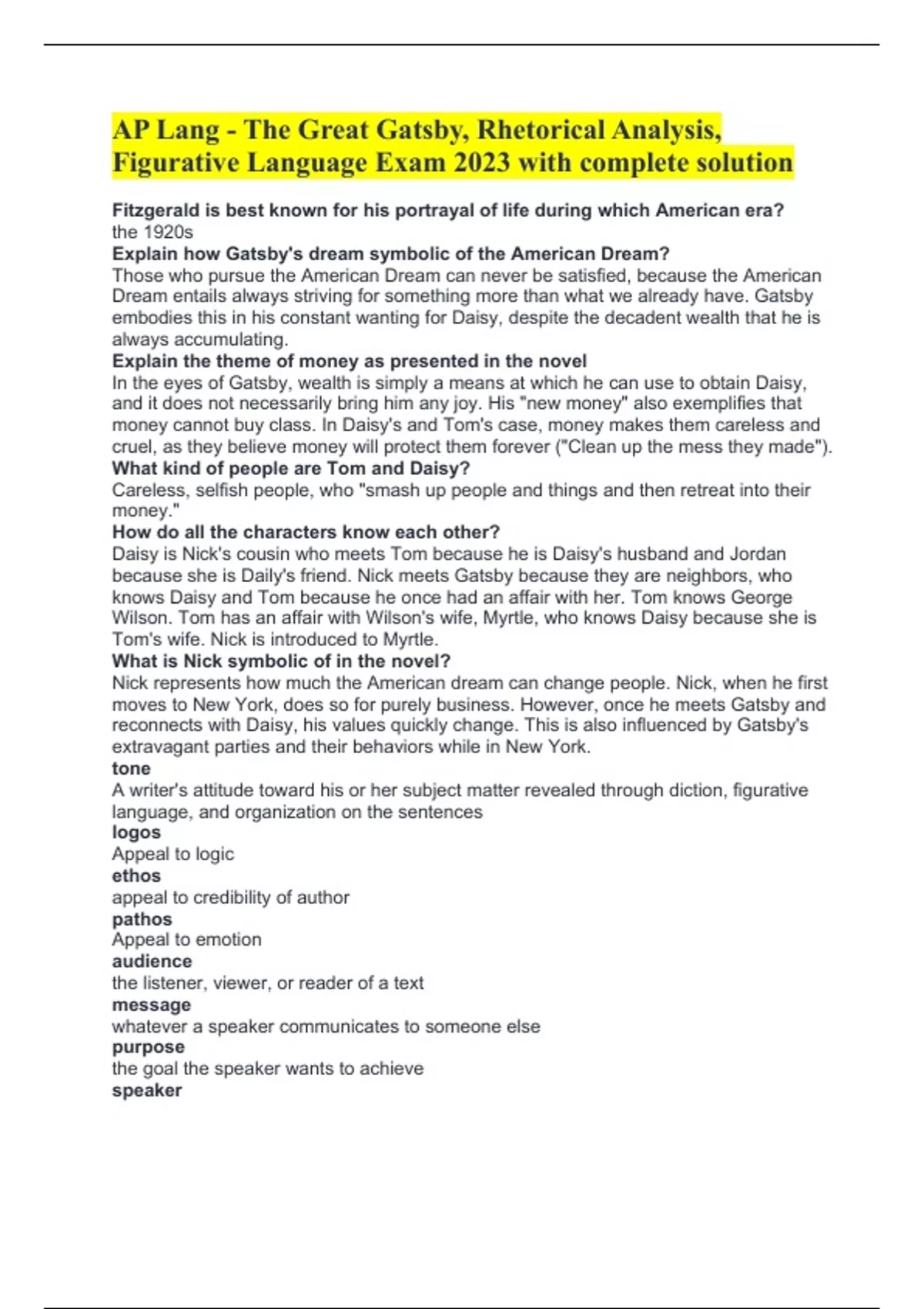 AP Lang - The Great Gatsby, Rhetorical Analysis, Figurative Language ...