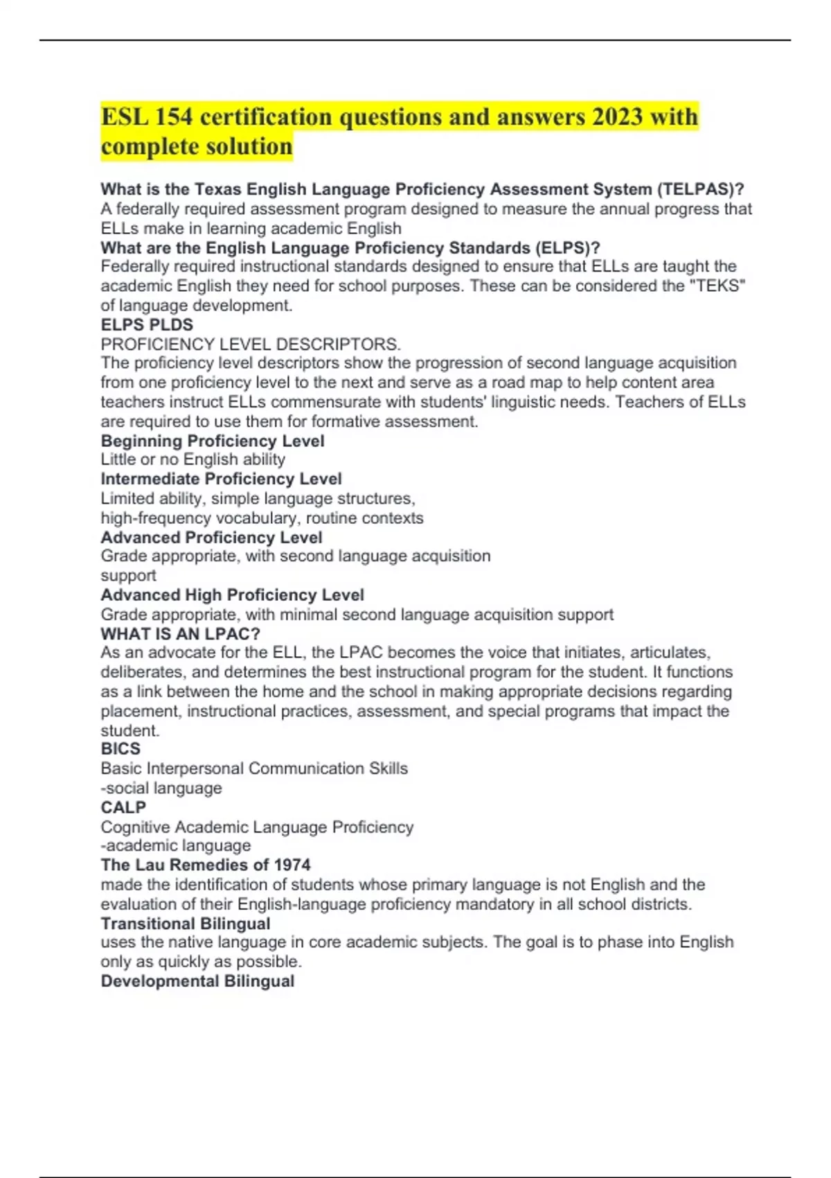 ESL 154 certification questions and answers 2023 with complete solution - ESL 154 - Stuvia US