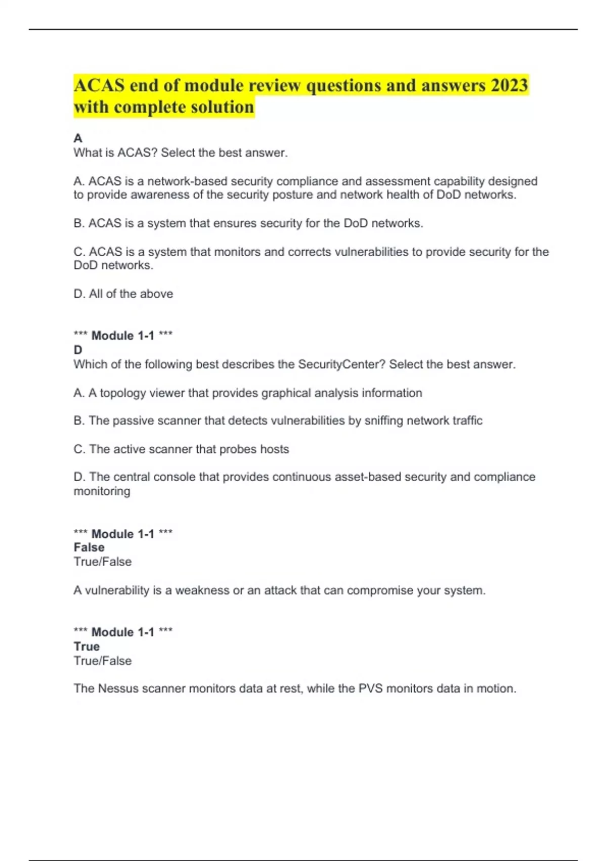ACAS end of module review questions and answers 2023 with complete ...