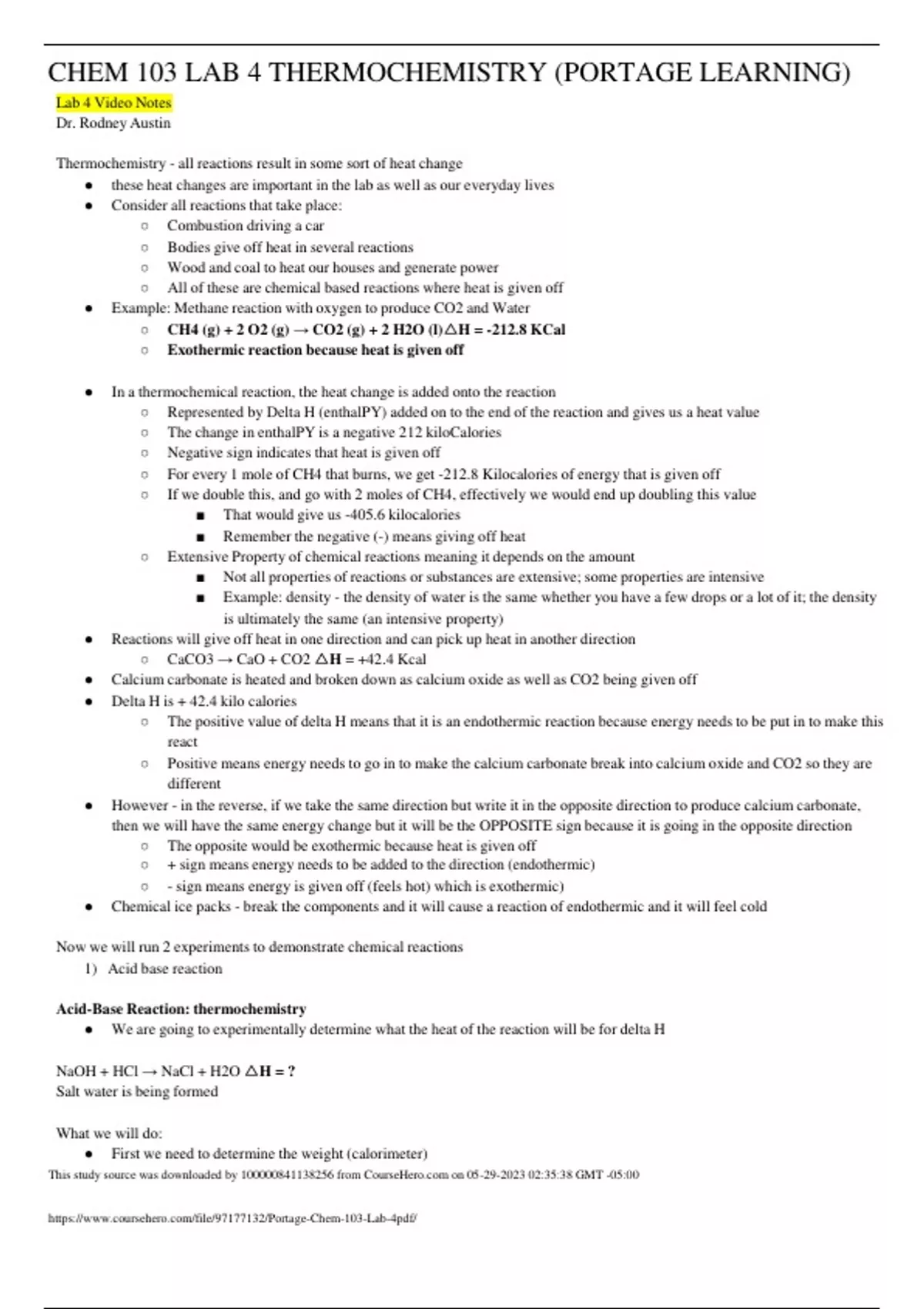 CHEM 103 LAB 4 THERMOCHEMISTRY (PORTAGE LEARNING) - CHEM 103 - Stuvia US