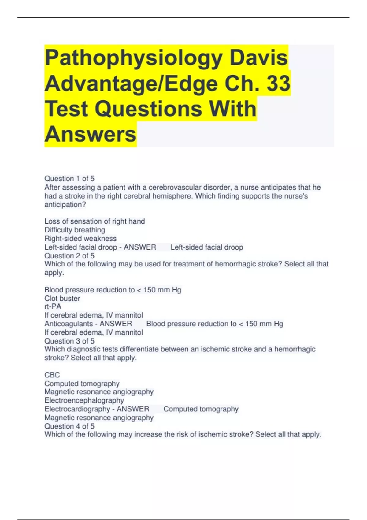 Pathophysiology Davis Advantage/Edge Ch. 33 Test Questions With Answers ...