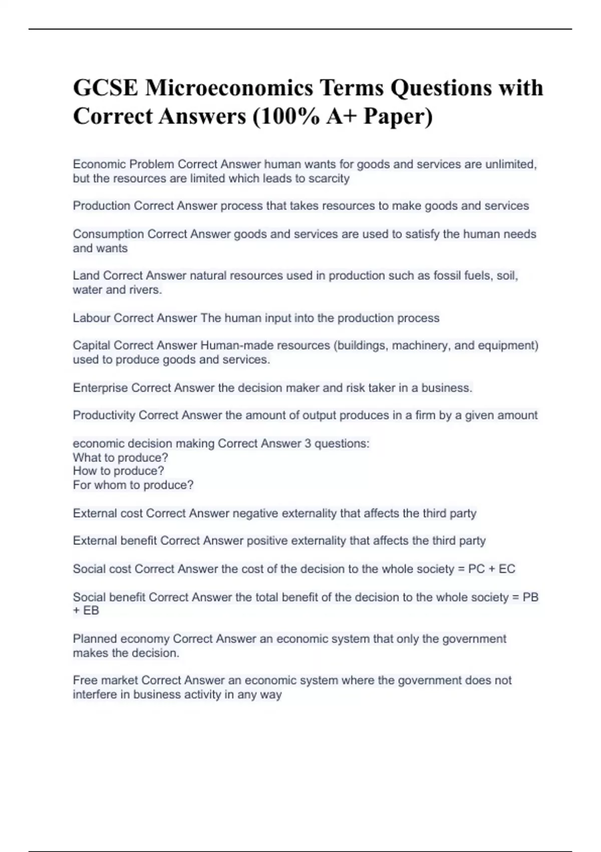 GCSE Microeconomics Terms Questions with Correct Answers (100% A+ Paper ...