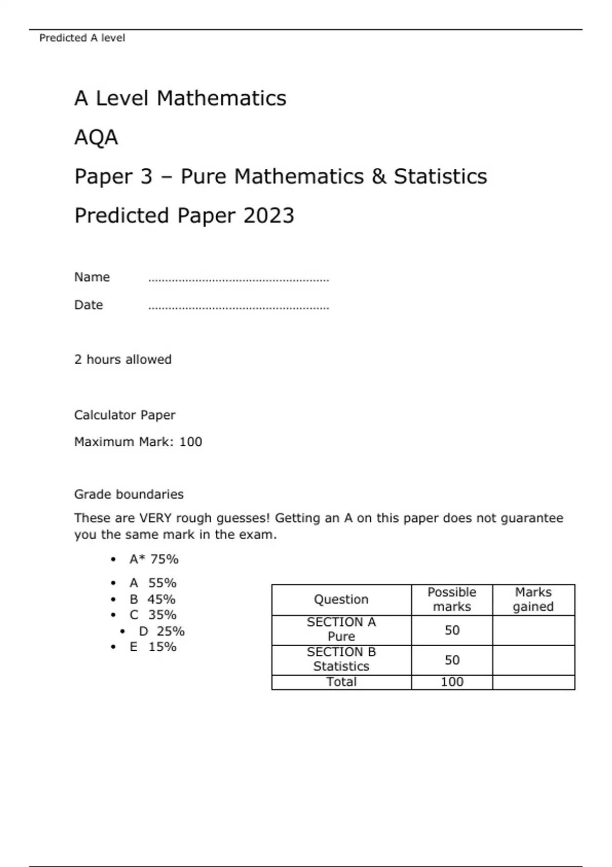 AQA A-Level Mathematics Paper 3 – Pure Mathematics & Statistics Predicted Paper 2023 with ...