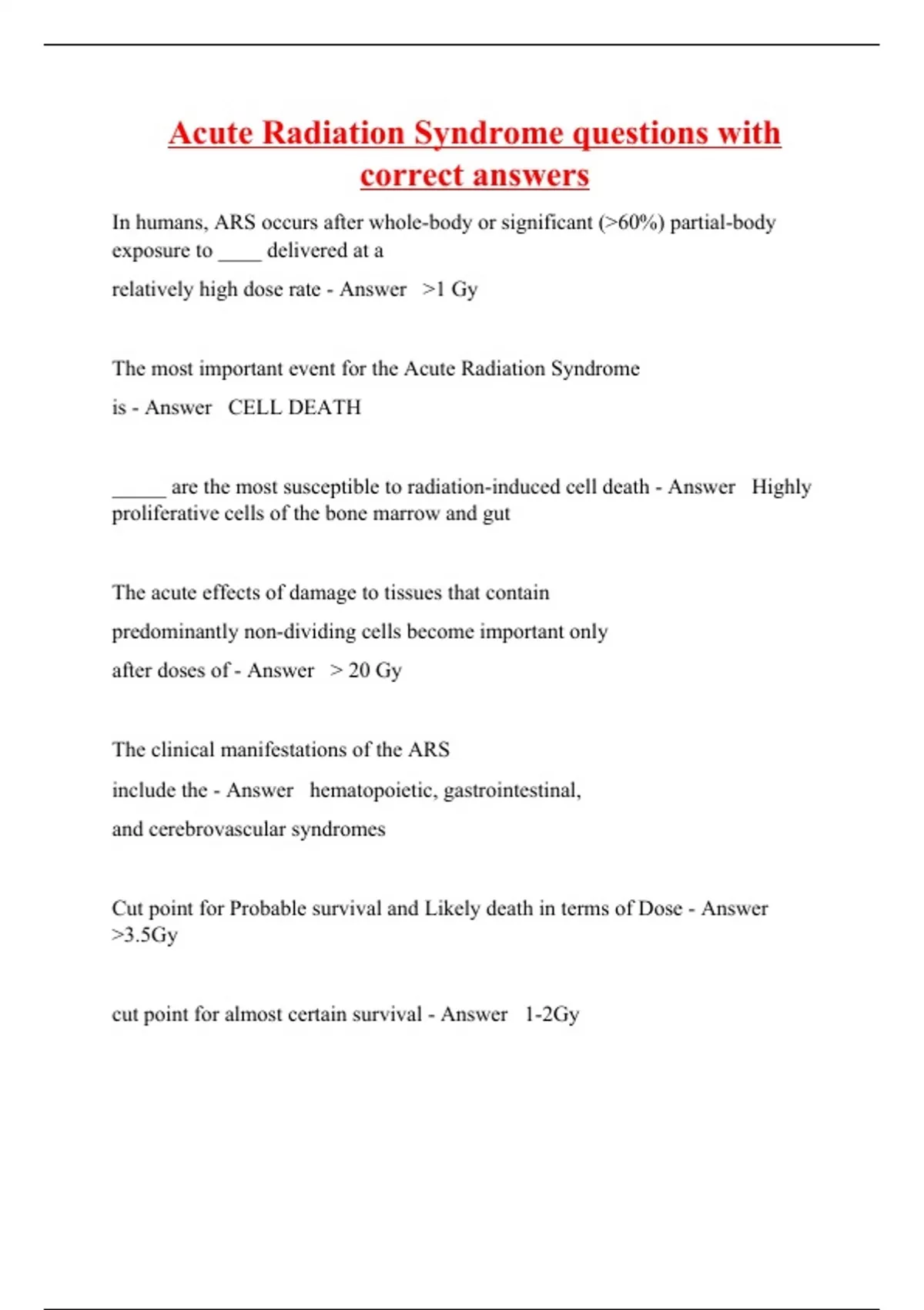 Acute Radiation Syndrome questions with correct answers - Acute ...