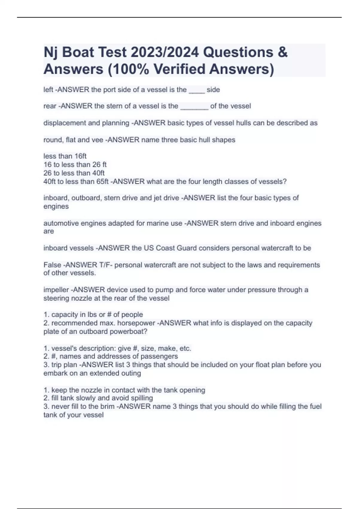 Nj Boat Test 2023/2024 Questions & Answers (100% Verified Answers) - Nj ...