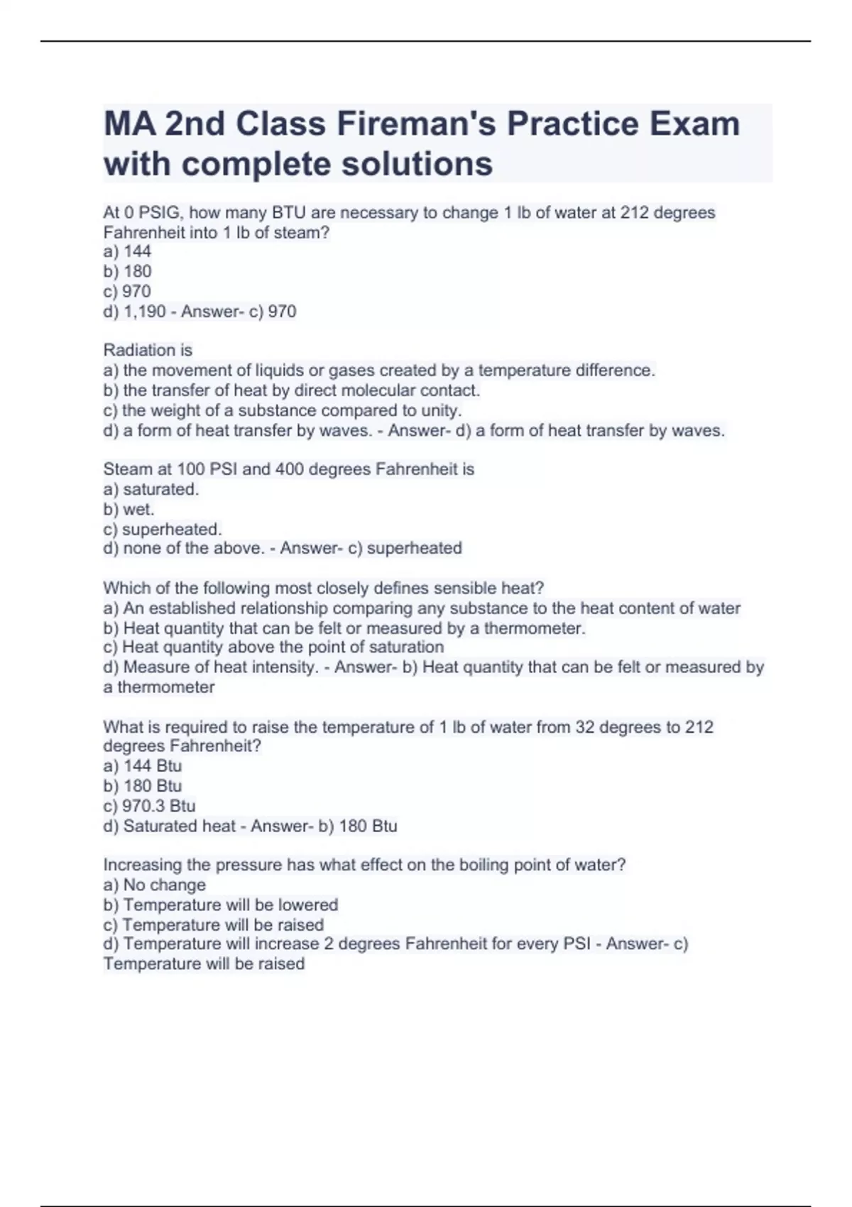 MA 2nd Class Fireman's Practice Exam with complete solutions - MA 2nd ...