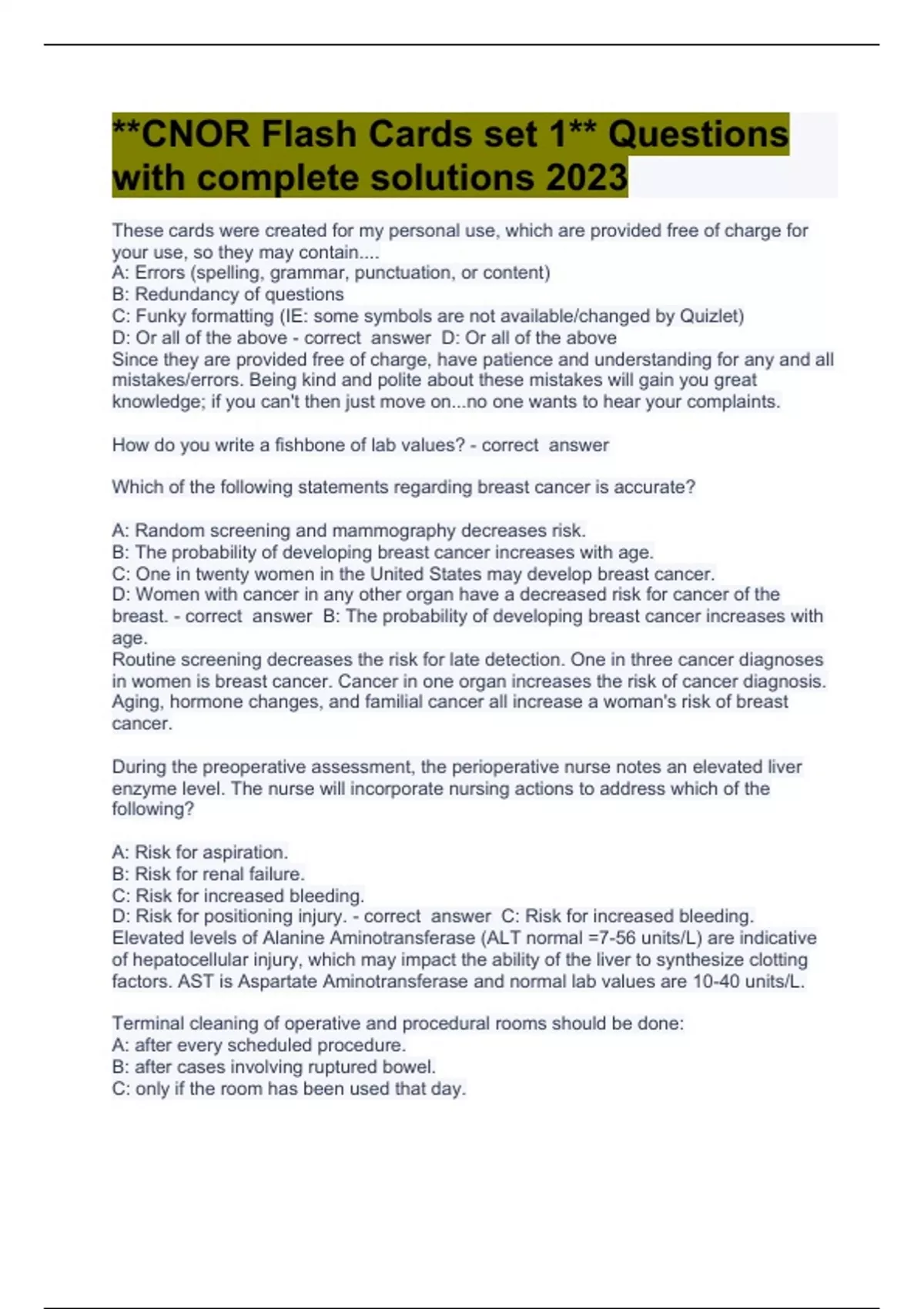 **CNOR Flash Cards set 1** Questions with complete solutions 2023 ...