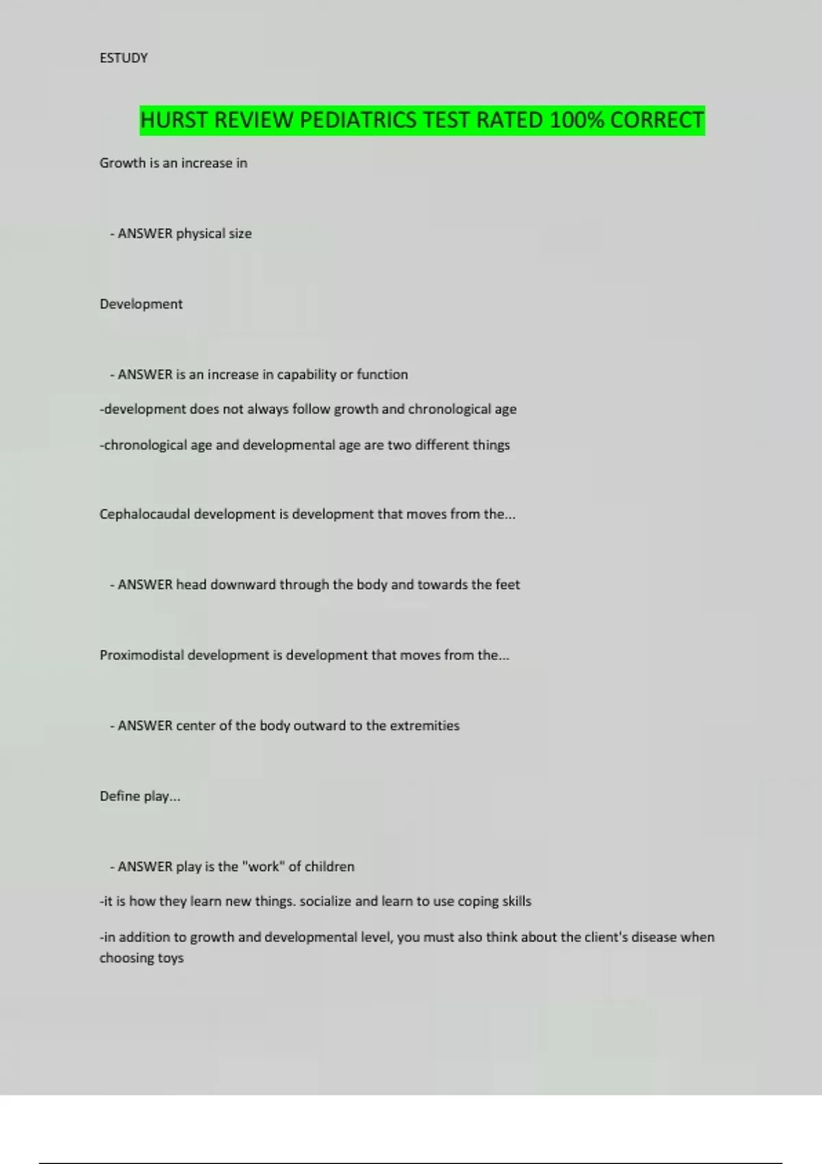 HURST REVIEW PEDIATRICS TEST RATED 100% CORRECT - HURST REVEW ...