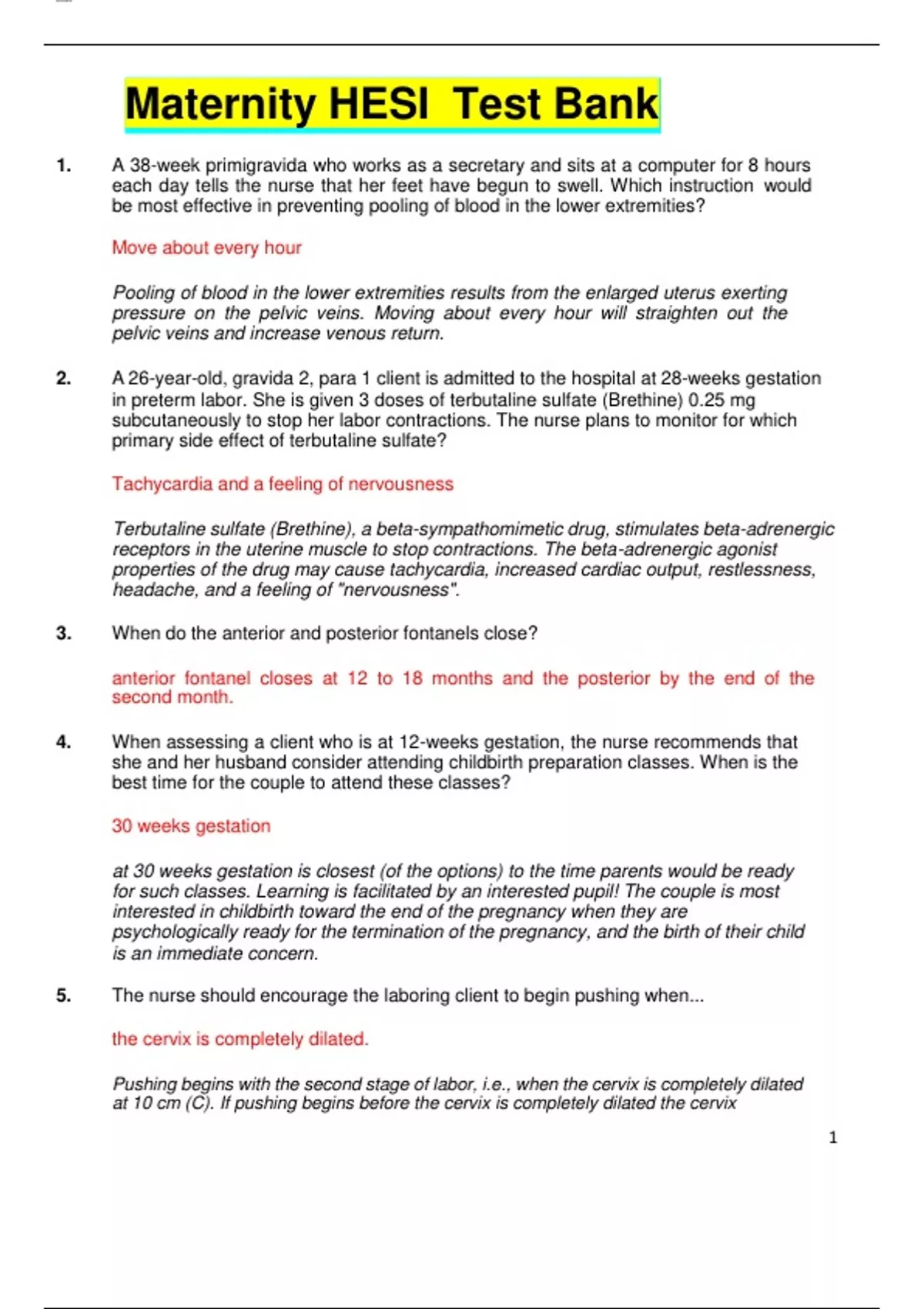 Maternity HESI Test Bank Latest Edition - BSN - Stuvia US