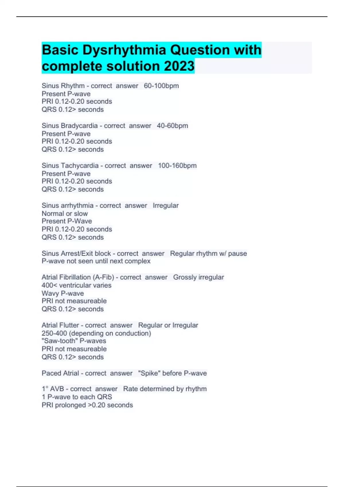 Basic Dysrhythmia Question with complete solution 2023 - Basic ...