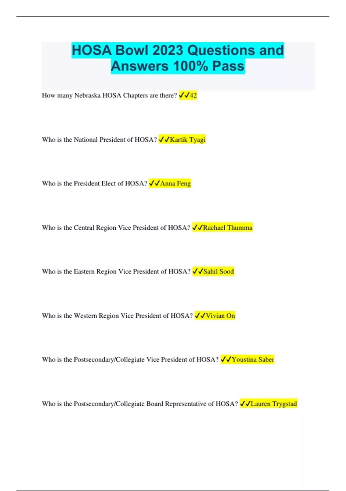 HOSA Bowl 2023 Questions and Answers 100% Pass - HOSA Bowl - Stuvia US
