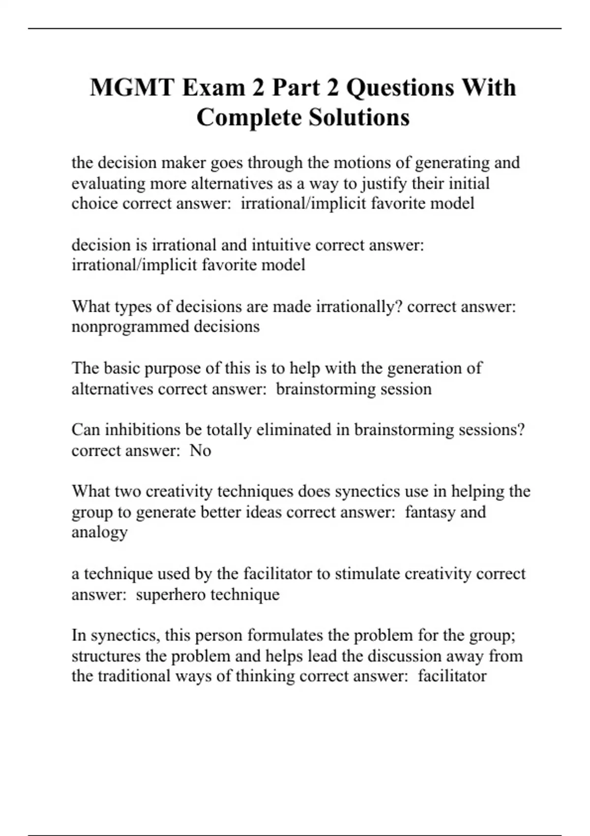 MGMT Exam 2 Part 2 Questions With Complete Solutions - MGMT - Stuvia US