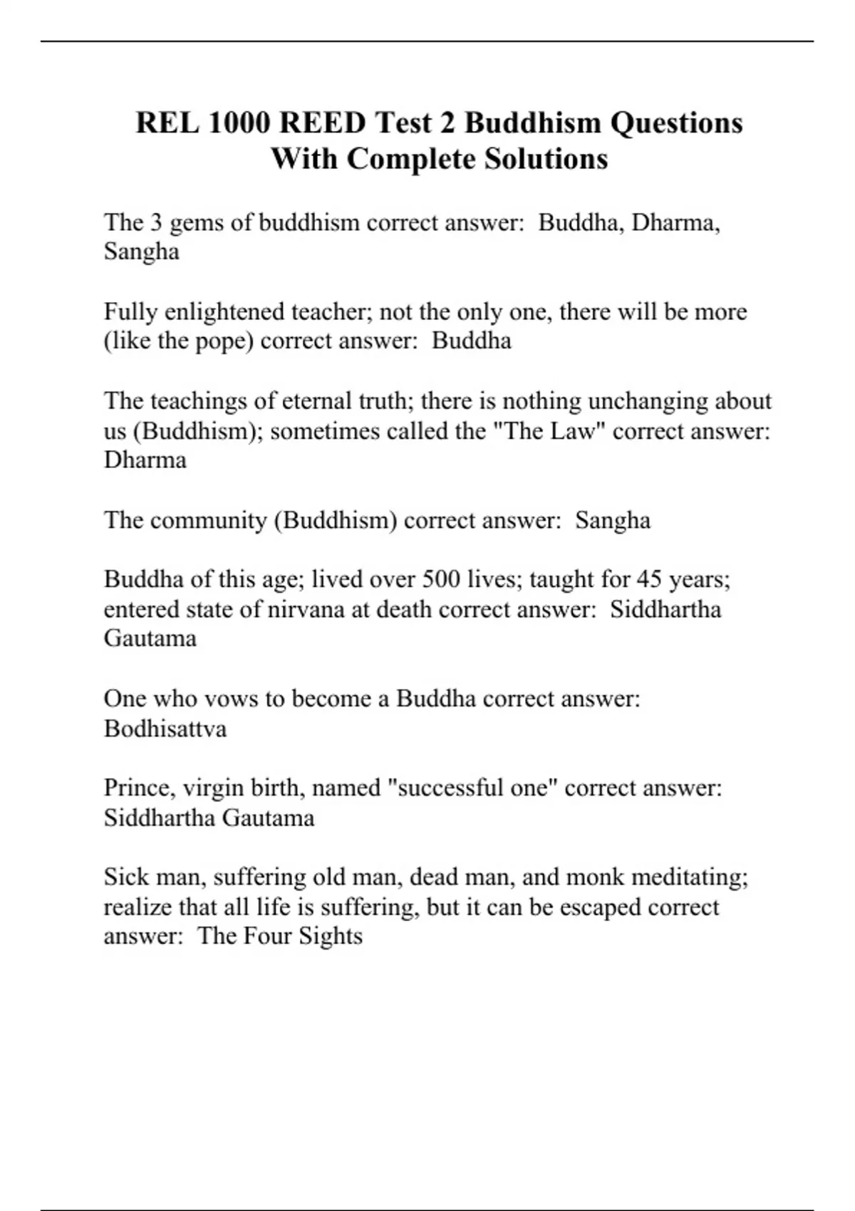 REL 1000 REED Test 2 Buddhism Questions With Complete Solutions - REL ...