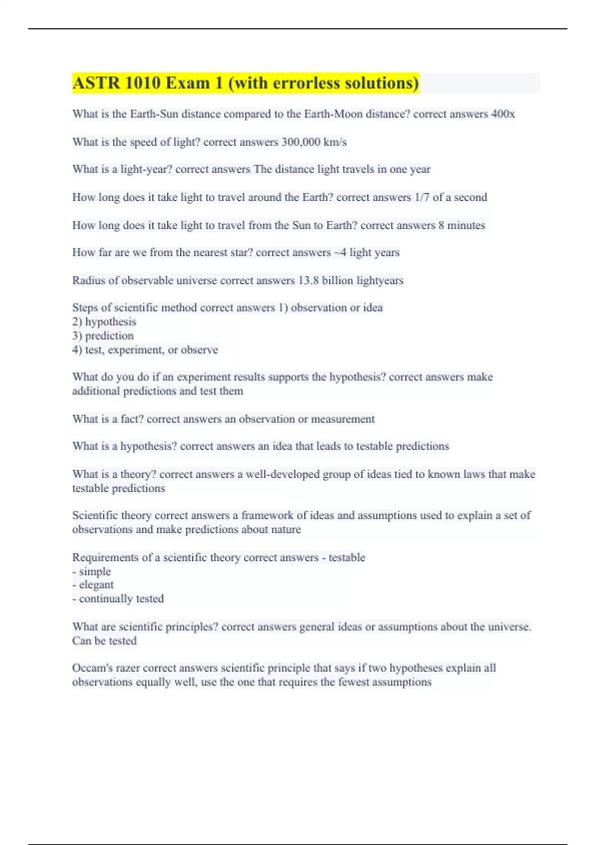 ASTR 1010 Exam 1 (with errorless solutions) - ASTR 1010 - Stuvia US