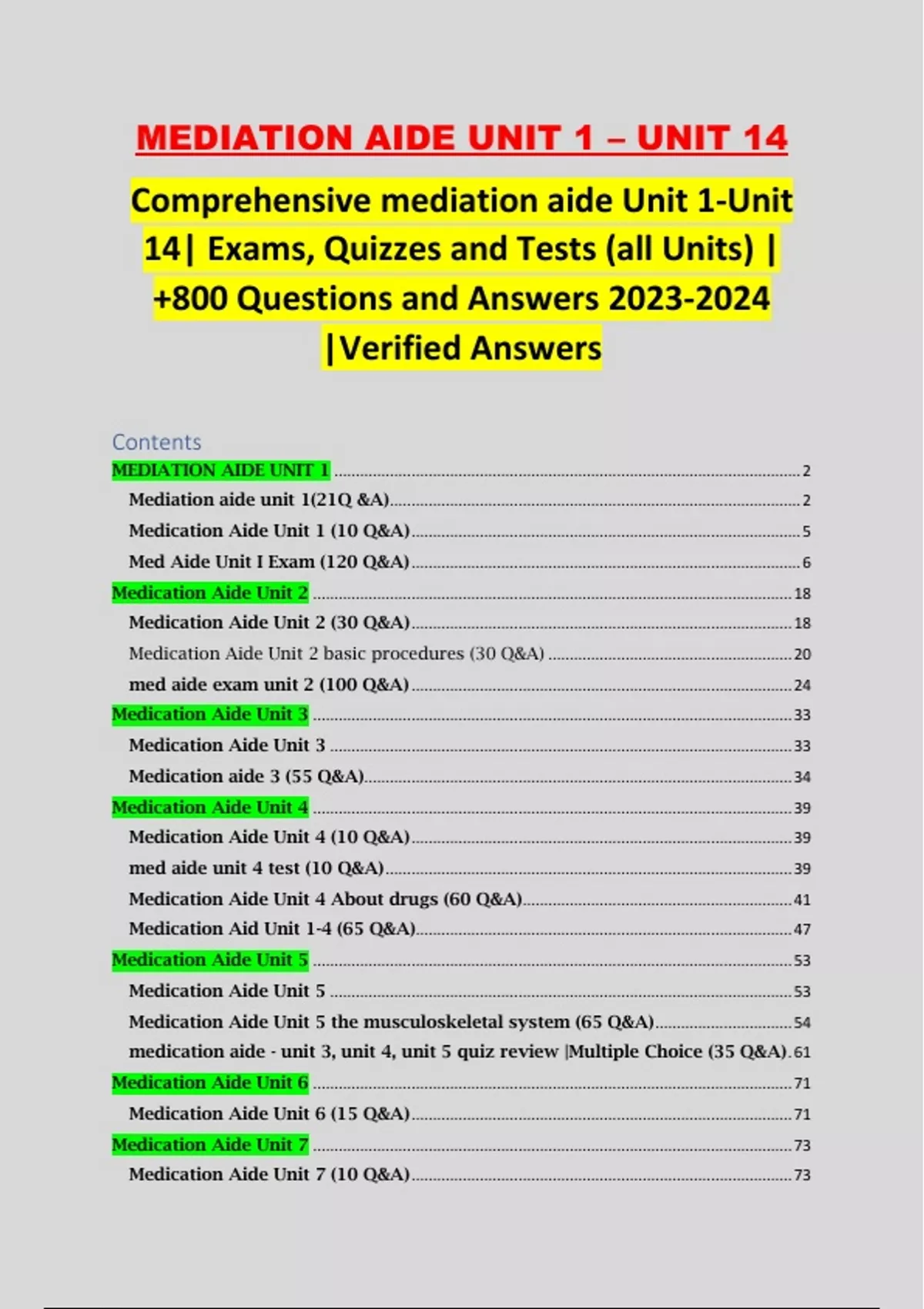 Comprehensive; Medication aide Unit 1-Unit 14| Exams, Quizzes and Tests ...