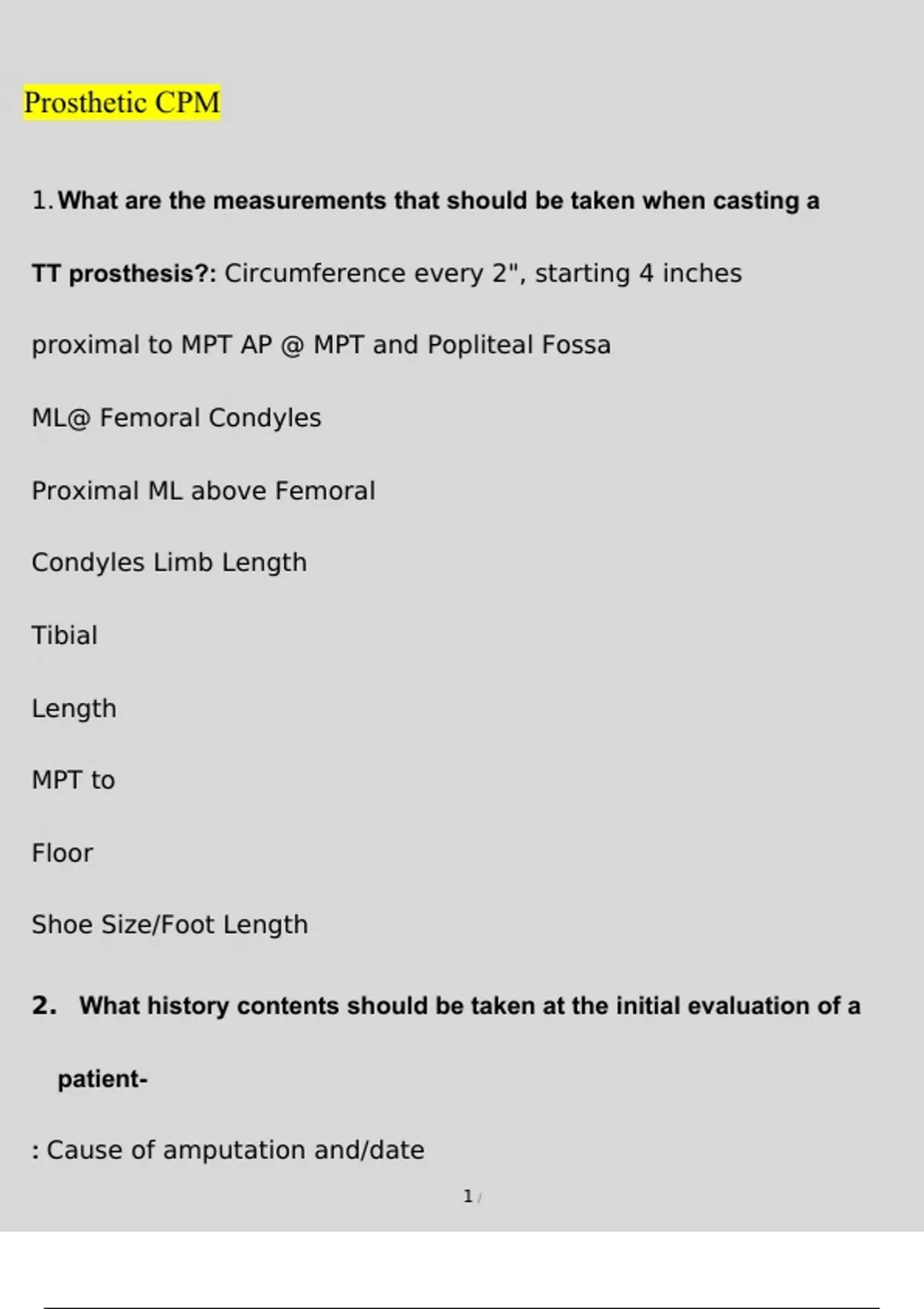 Prosthetic CPM Exam Questions and Answers (2022/2023) (Verified Answers) - CPM - Stuvia US