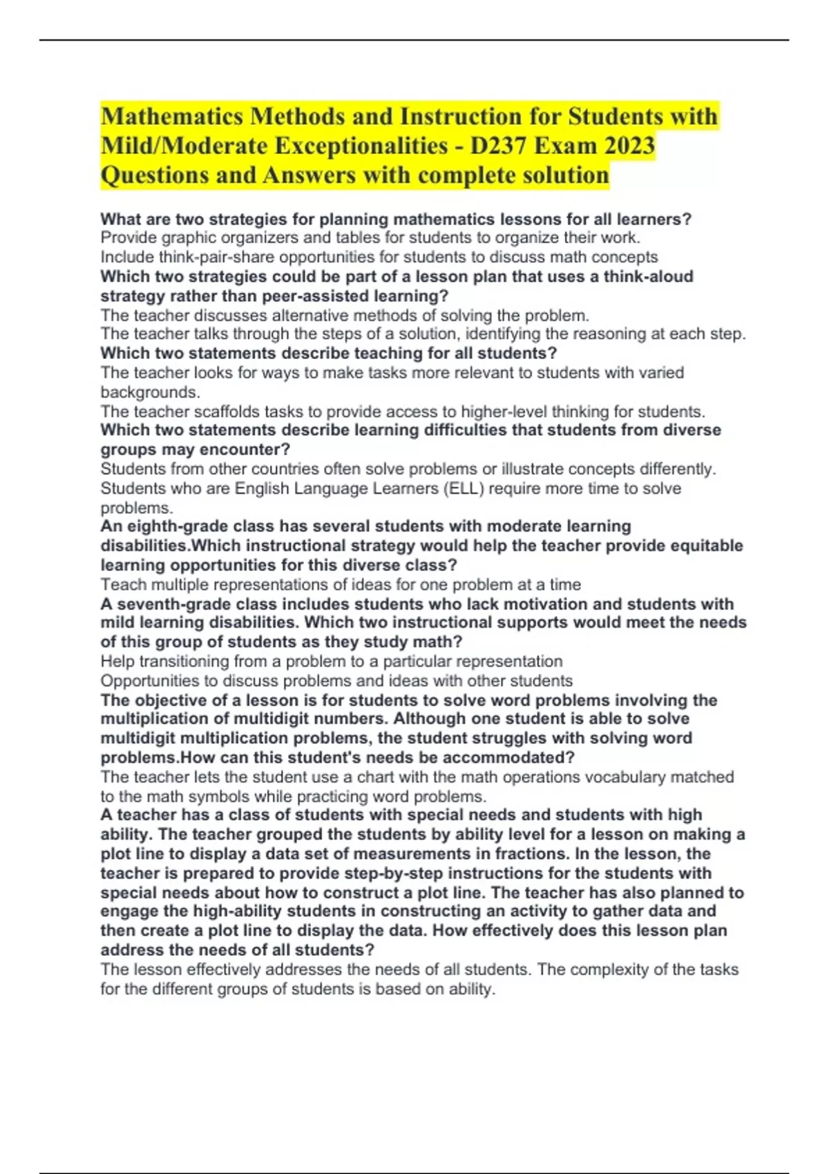 Mathematics Methods and Instruction for Students with Mild/Moderate ...