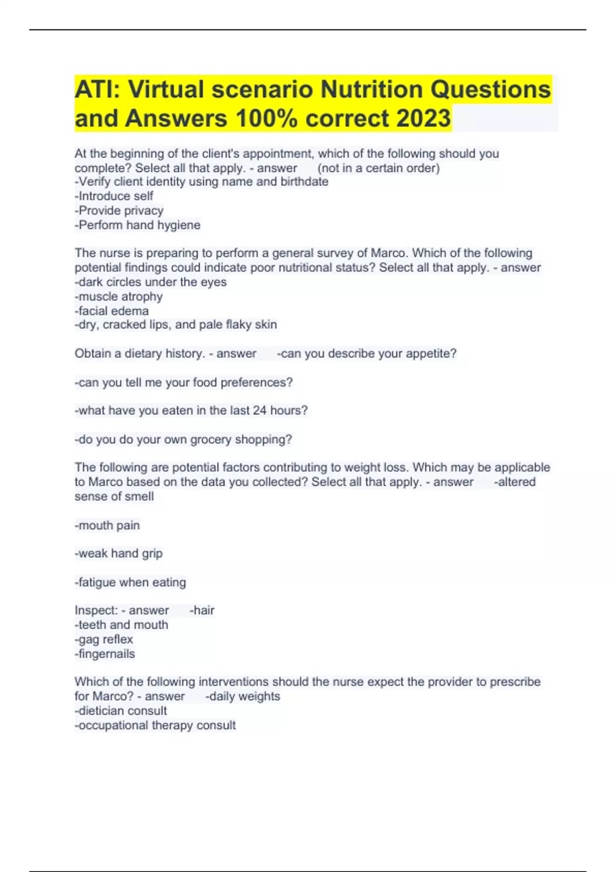 ATI: Virtual scenario Nutrition Questions and Answers 100% correct 2023 ...