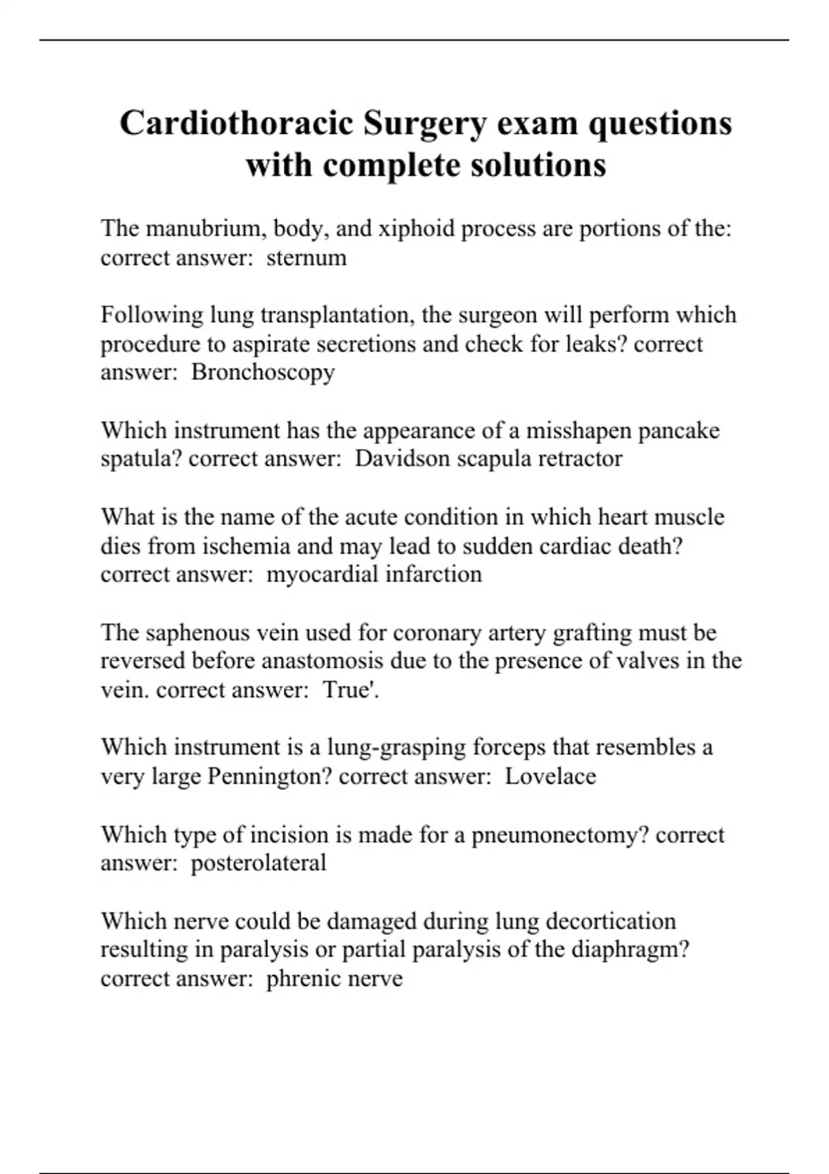 Cardiothoracic Surgery exam questions with complete solutions ...