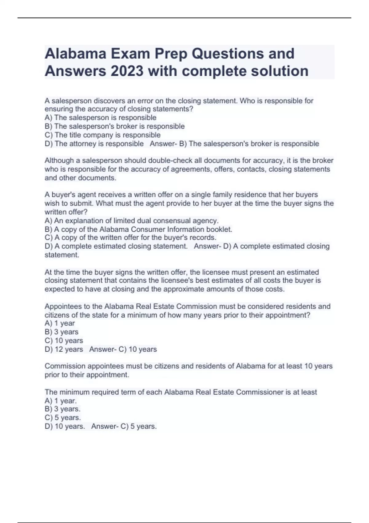 Alabama Exam Prep Questions and Answers 2023 with complete solution ...