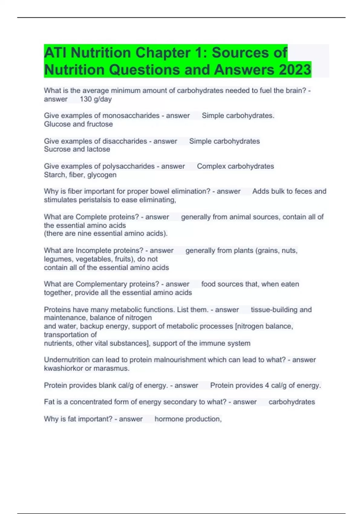 ATI Nutrition Chapter 1: Sources of Nutrition Questions and Answers ...