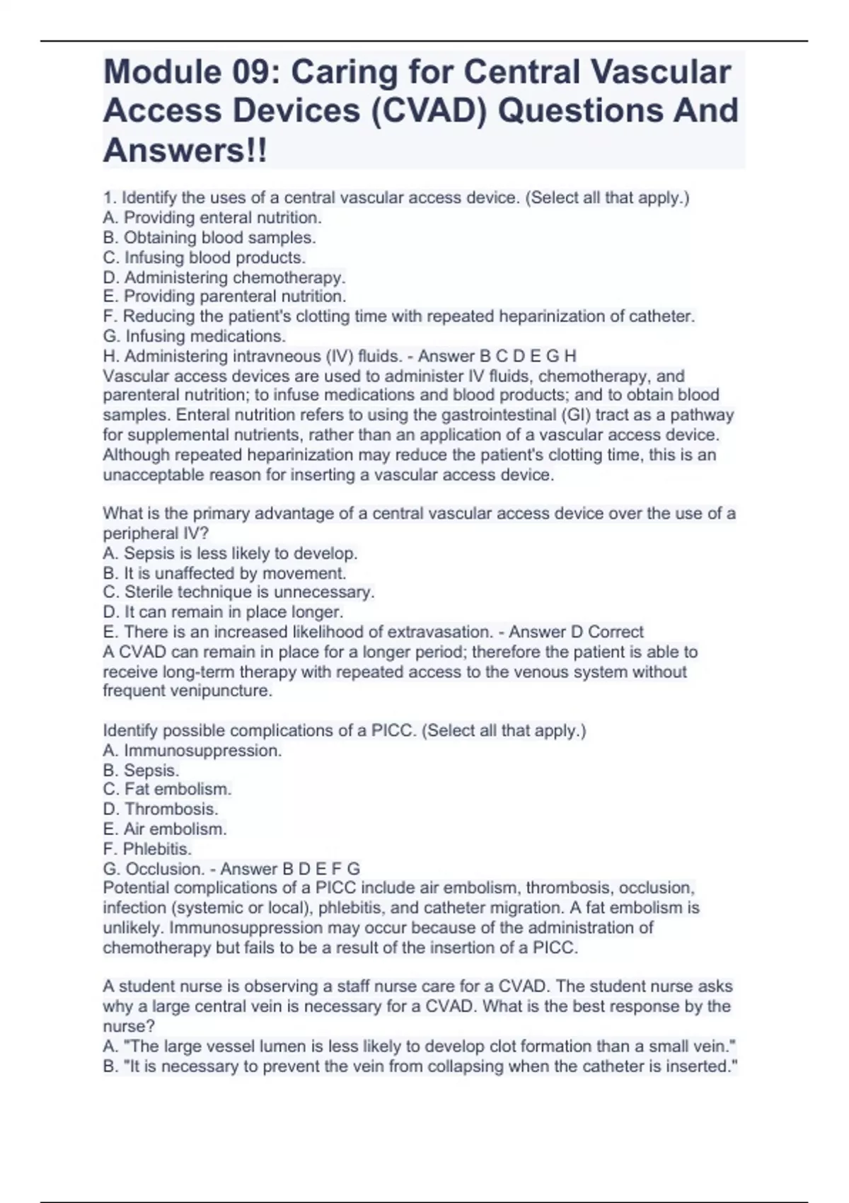 Module 09: Caring for Central Vascular Access Devices (CVAD) Questions And Answers!! - CVAD ...