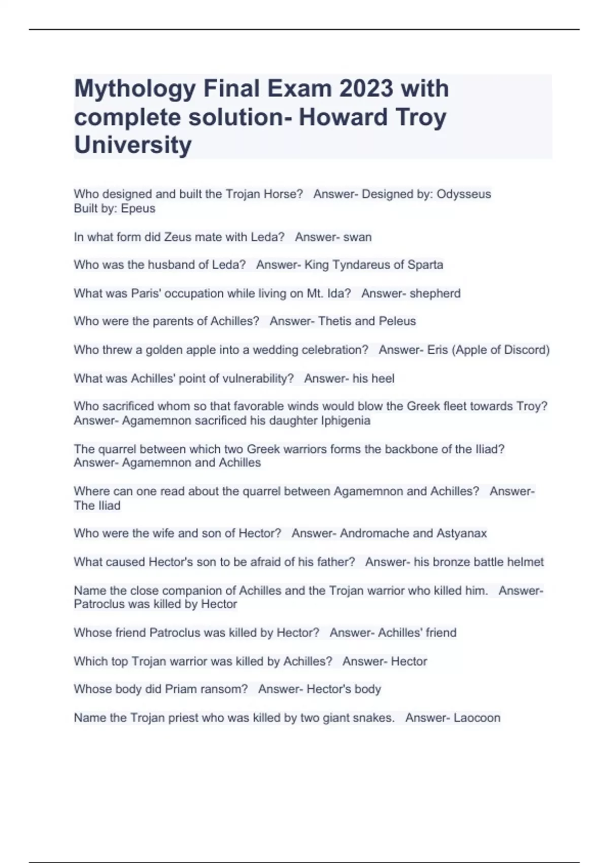 Mythology Final Exam 2023 with complete solution- Howard Troy ...