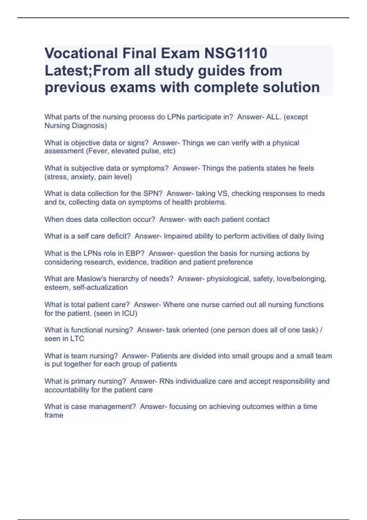Vocational Final Exam NSG1110 Latest;From all study guides from ...