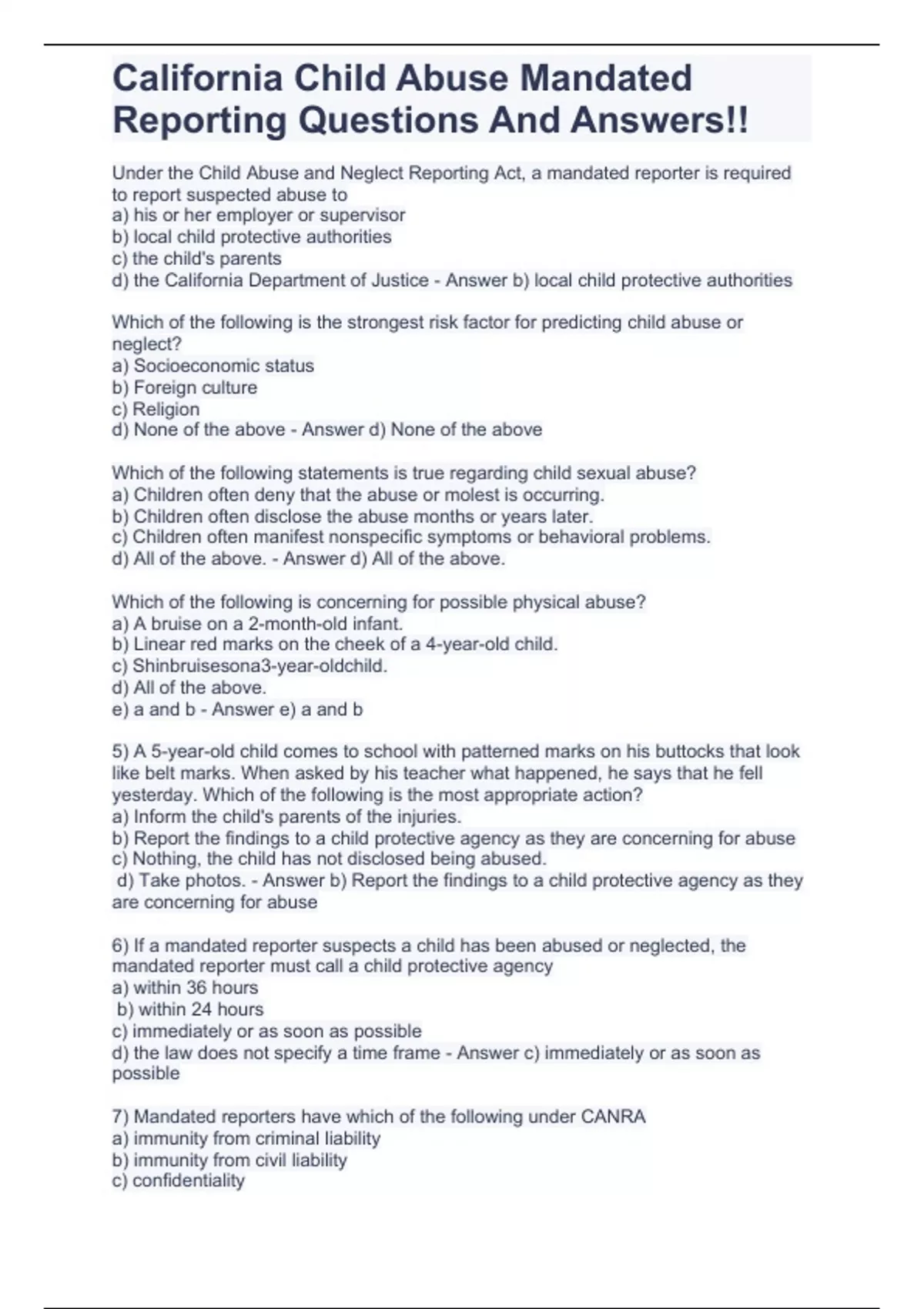 California Child Abuse Mandated Reporting Questions And Answers ...