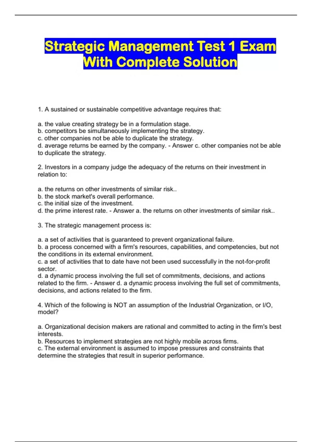 Strategic Management Test 1 Exam With Complete Solution - Strategic ...