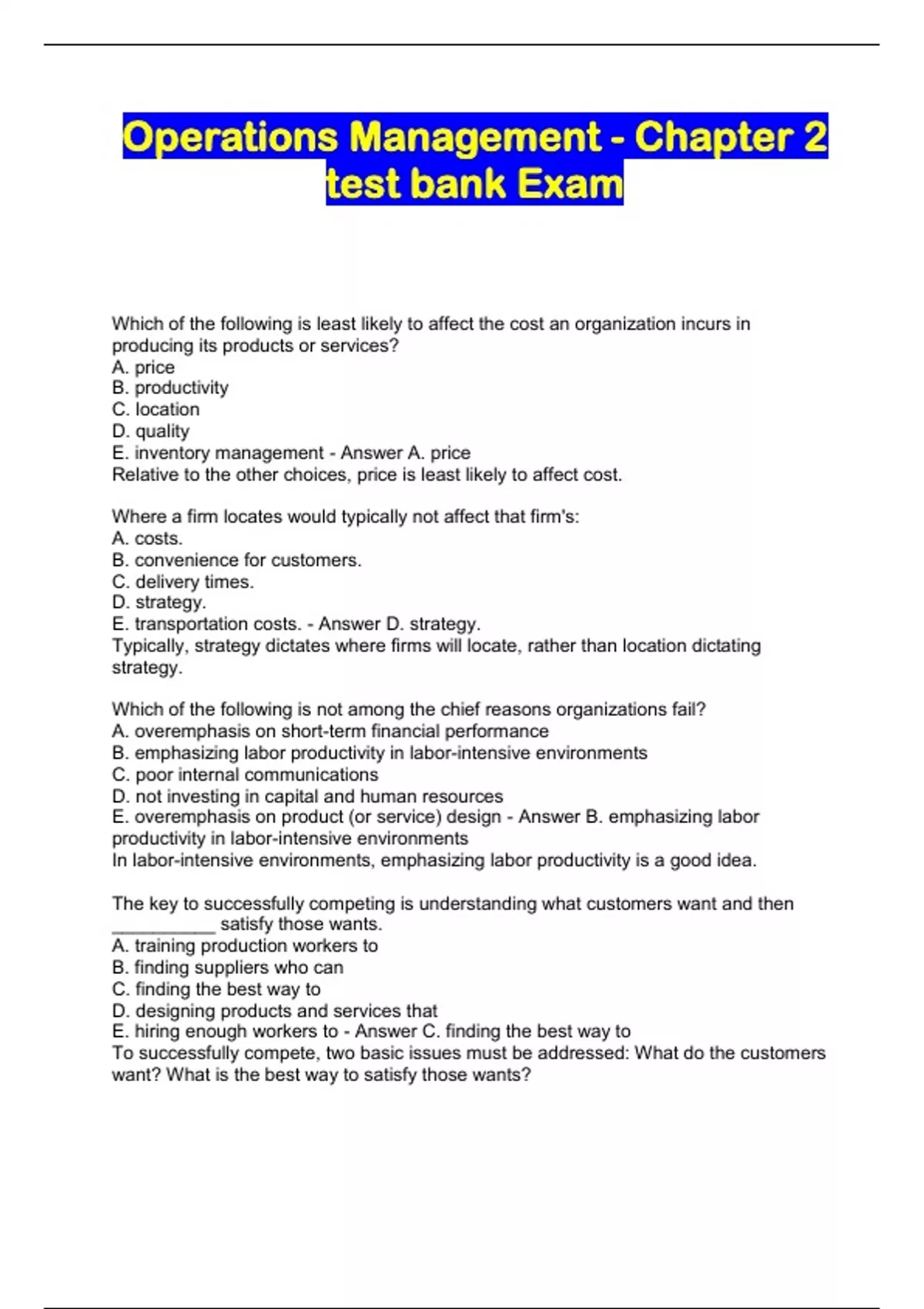 Operations Management - Chapter 2 test bank Exam - Operations ...