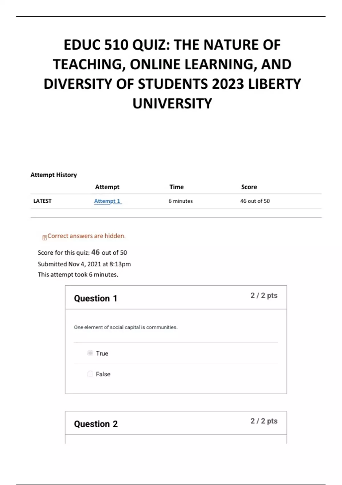 EDUC 510 QUIZ: THE NATURE OF TEACHING, ONLINE LEARNING, AND DIVERSITY ...