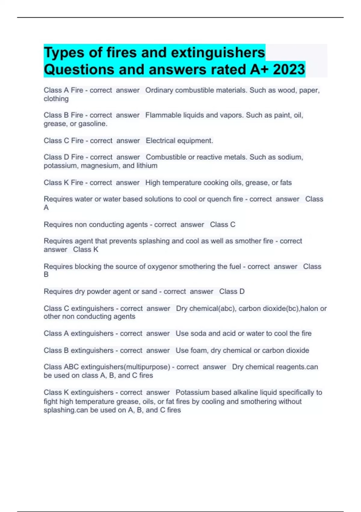 Types of fires and extinguishers Questions and answers rated A+ 2023 ...