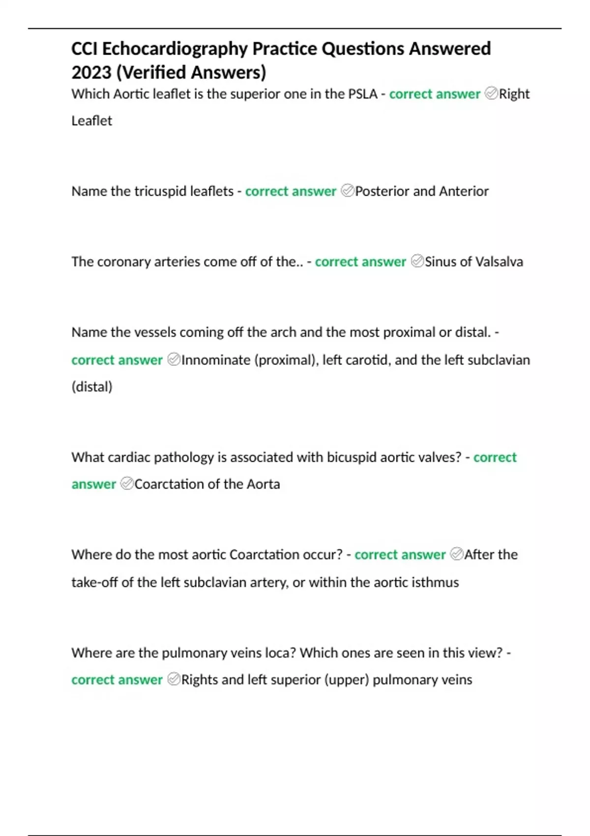 CCI Echocardiography Practice Questions Answered 2023 (Verified Answers ...