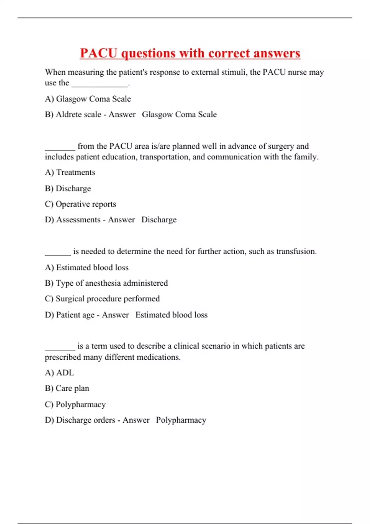 PACU questions with correct answers - PACU RN A v1 - Stuvia US