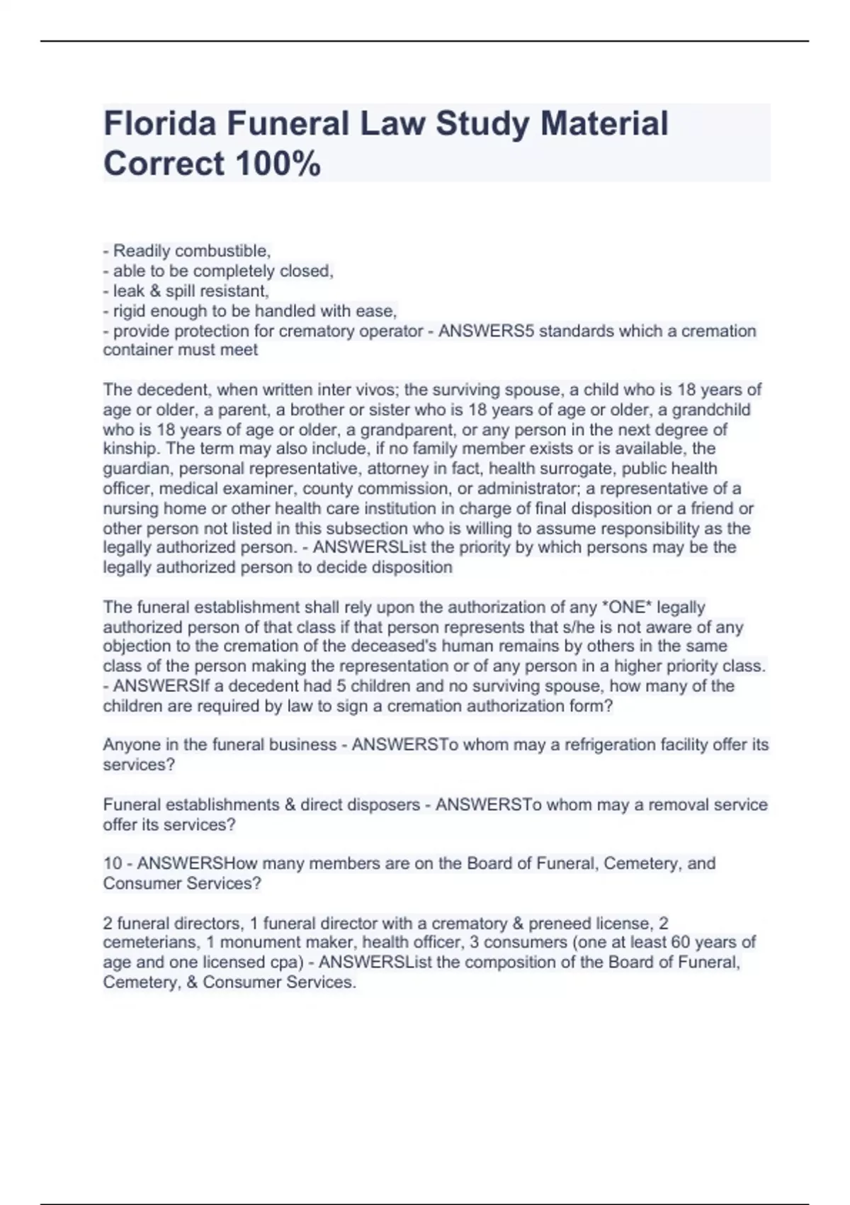 Florida Funeral Law Study Material Correct 100% - Florida funeral rules ...