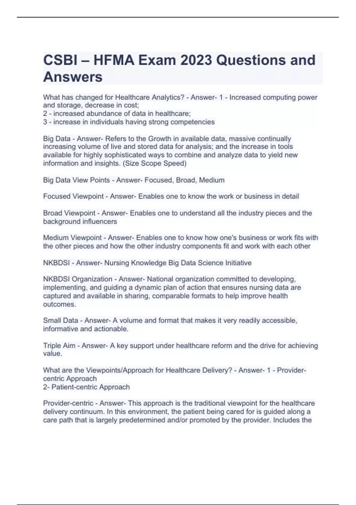 CSBI – HFMA Exam 2023 Questions and Answers - CSBI – HFMA - Stuvia US