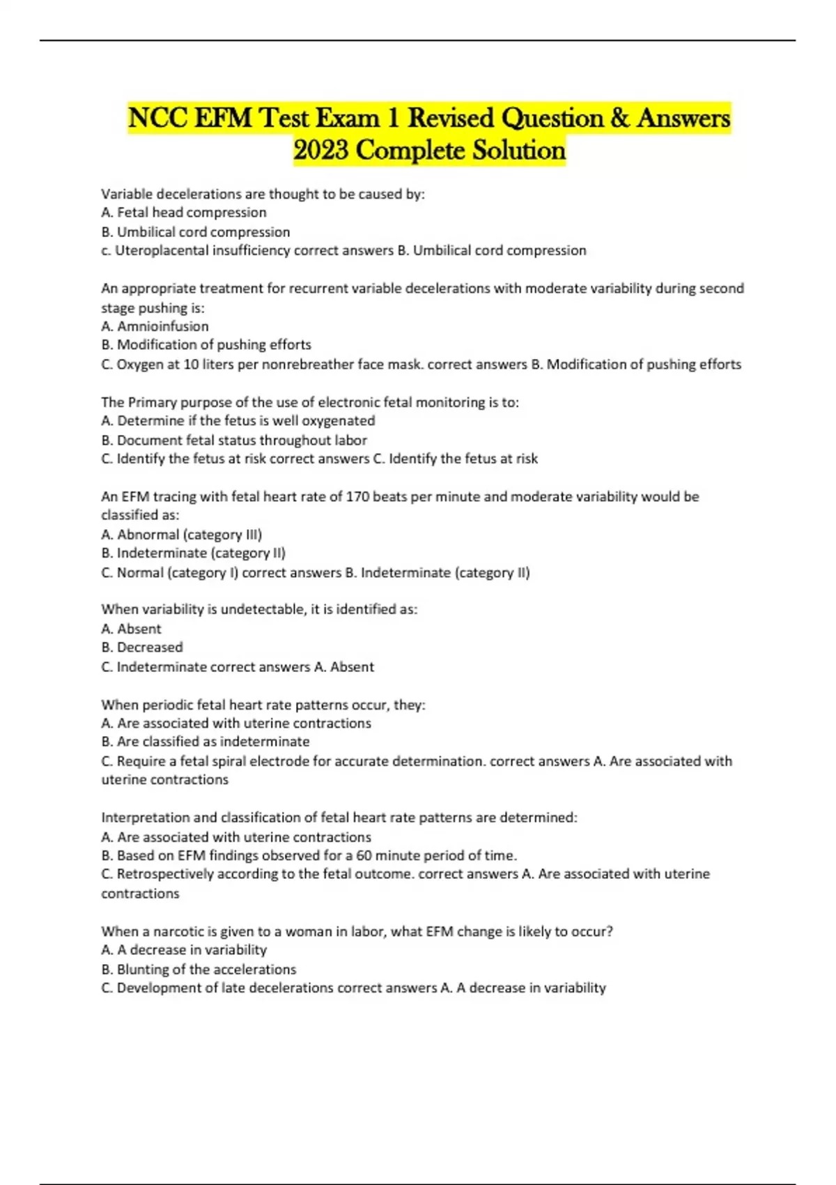 NCC EFM Test Exam 1 Revised Question & Answers 2023 Complete Solution ...