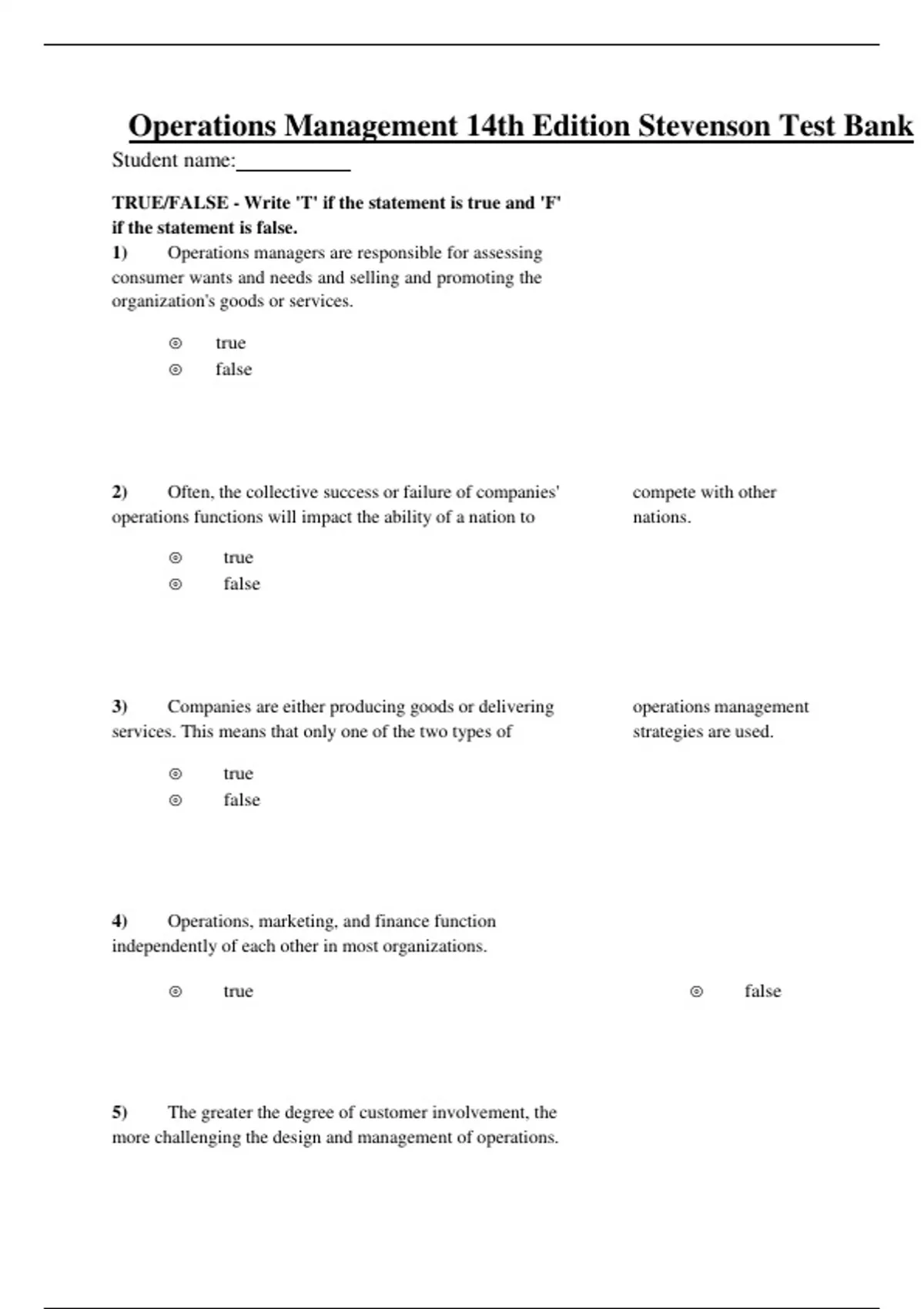 Test Bank for Operations Management 14th Edition Stevenson / All ...