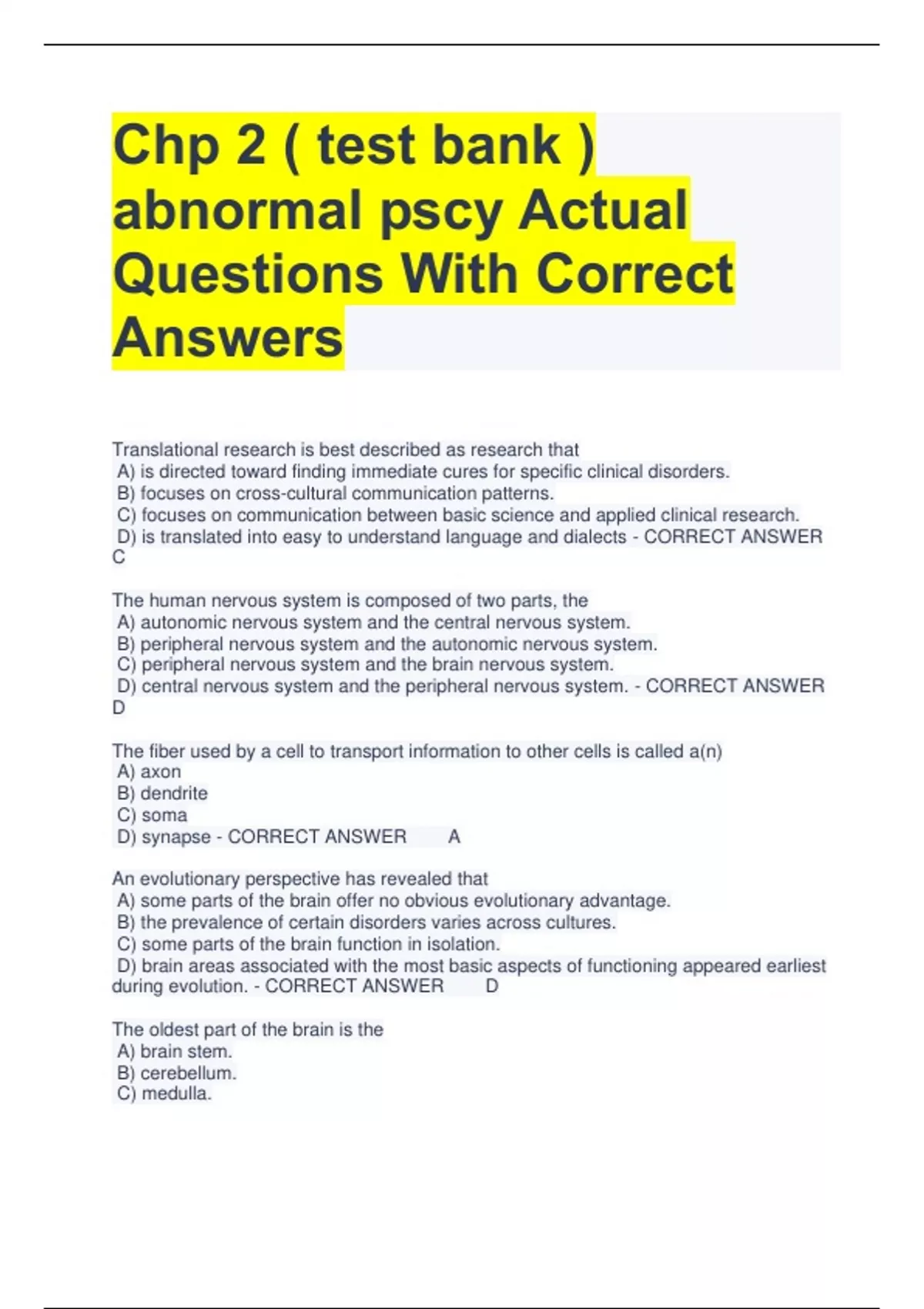 Chp 2 ( test bank ) abnormal pscy Actual Questions With Correct Answers ...
