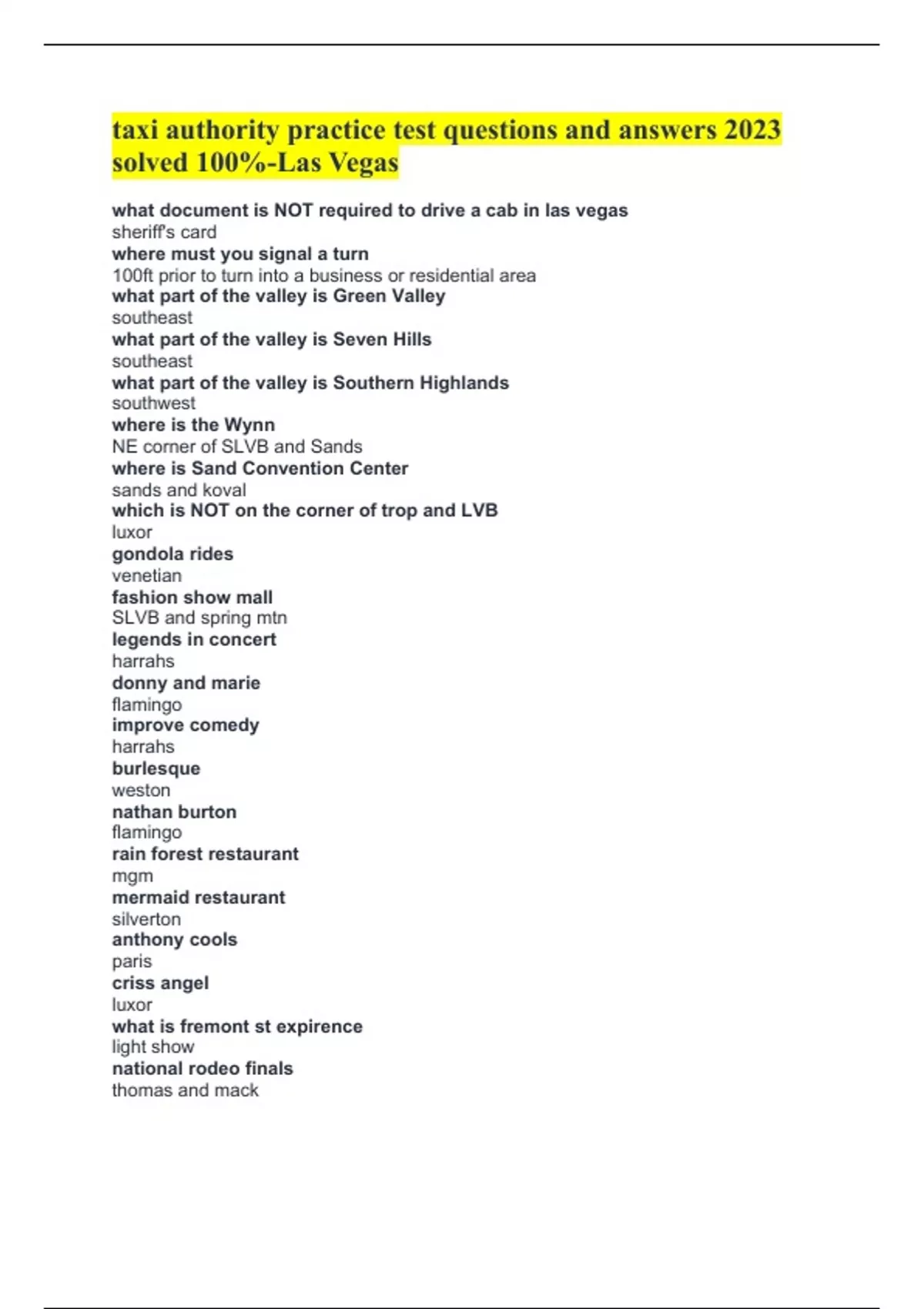 taxi authority practice test questions and answers 2023 solved 100%-Las ...