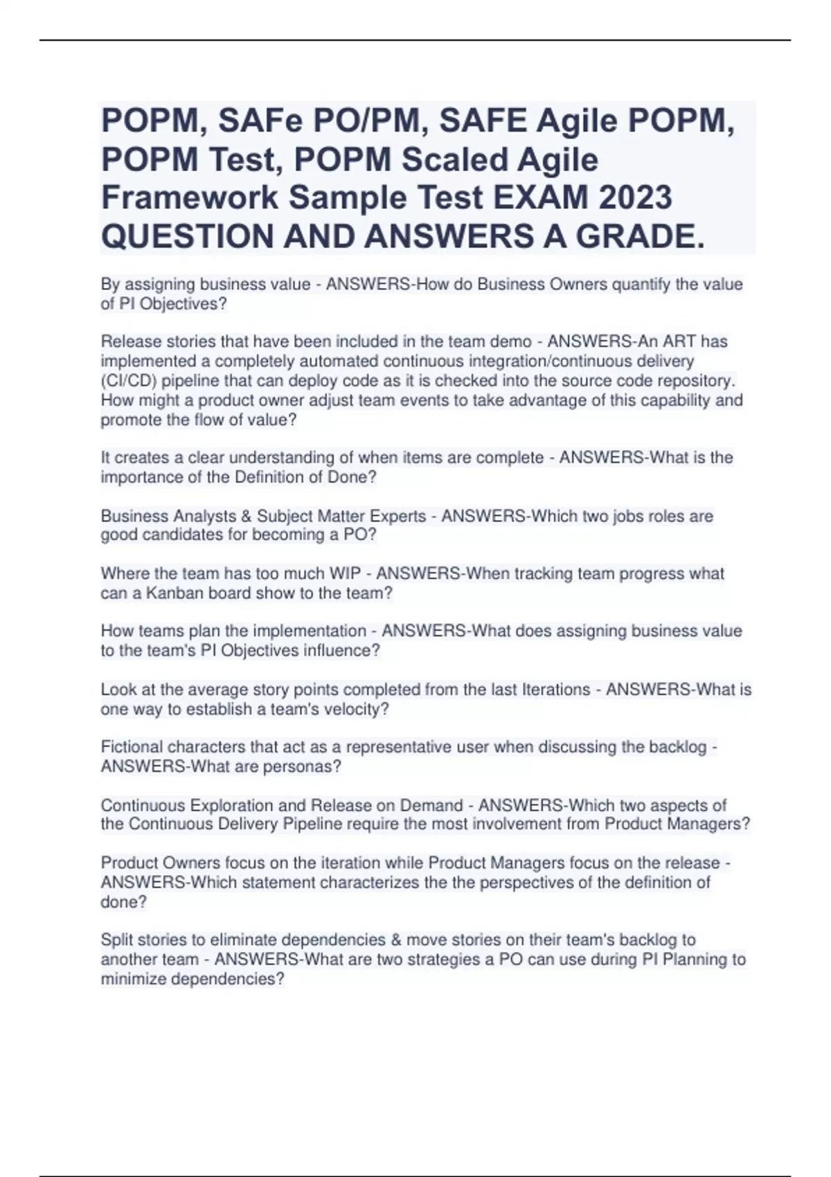 Popm Safe Po Pm Safe Agile Popm Popm Test Popm Scaled Agile Framework Sample Test Exam 2023