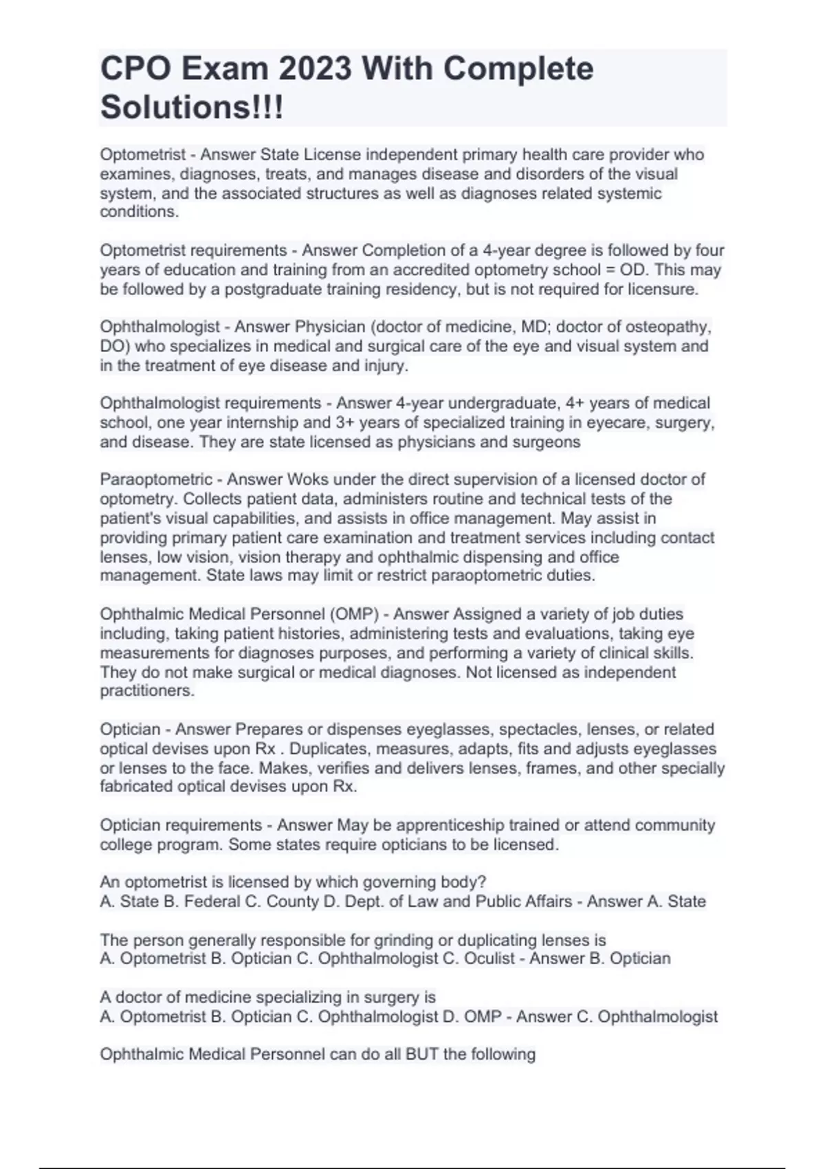 CPO Exam 2023 With Complete Solutions!!! - CPO - Stuvia US