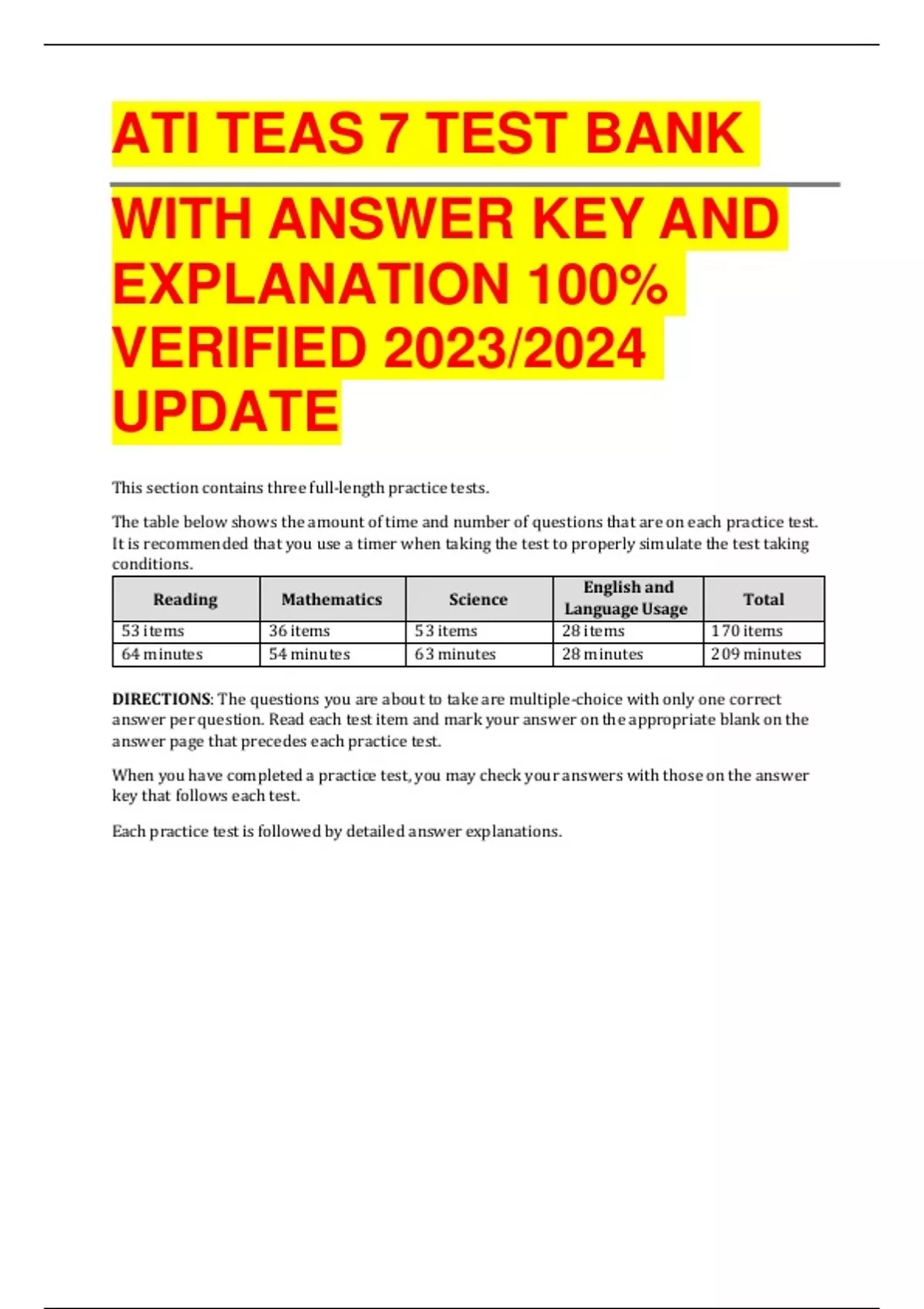 ATI TEAS 7 TEST BANK WITH ANSWER KEY AND EXPLANATION 100 VERIFIED 2023