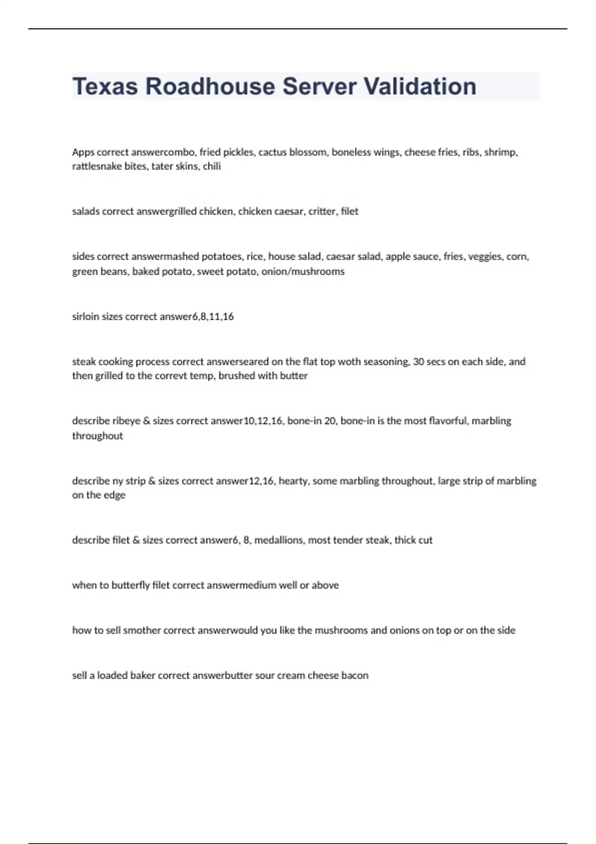 Texas Roadhouse Server Validation exam 2023 with 100% correct answers - Texas Roadhouse Server ...